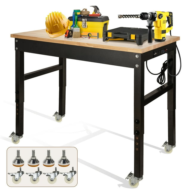 SULIVES 48" Height Adjustable Workbench with Rubber Wood Top - Heavy ...
