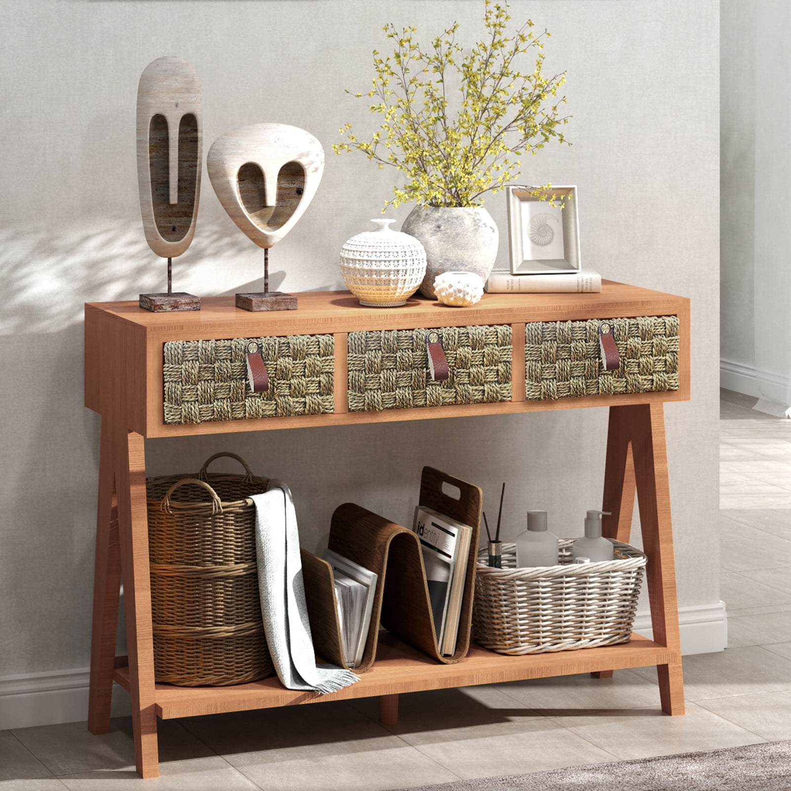 SULIVES Boho Console Table: Woven Designs, Multi-Functional Storage ...