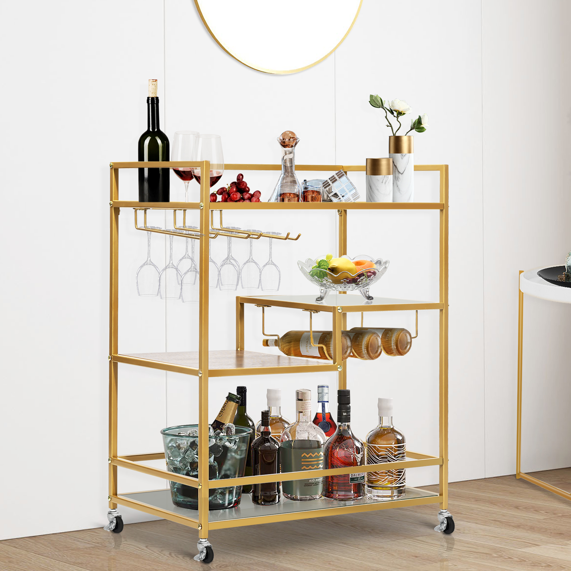 Viski kitchen and bar cart with wheels and mirror shelves, kitchen and ...