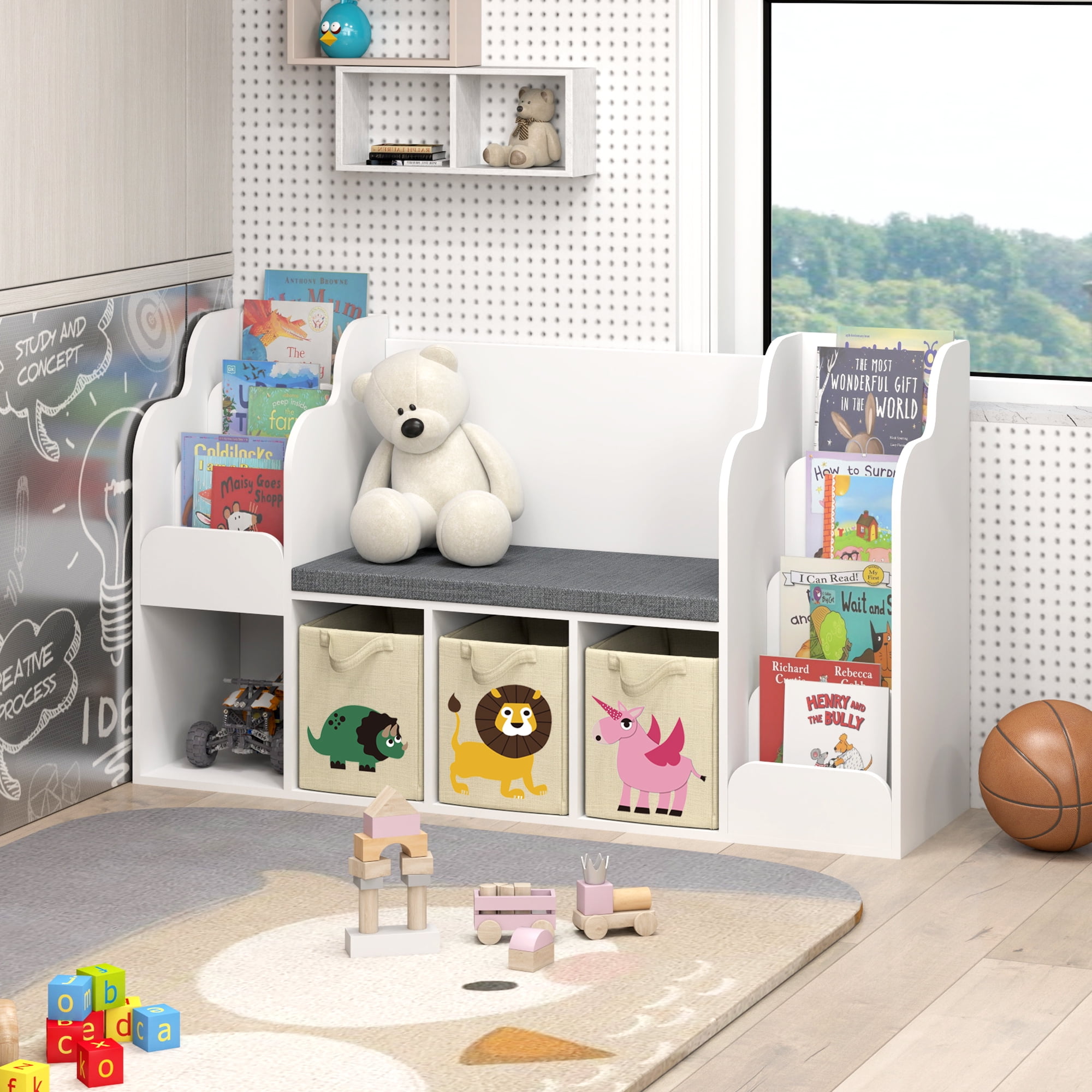 SULIVES Kids Bookshelf with Reading Nook: Abundant Storage, Modern ...