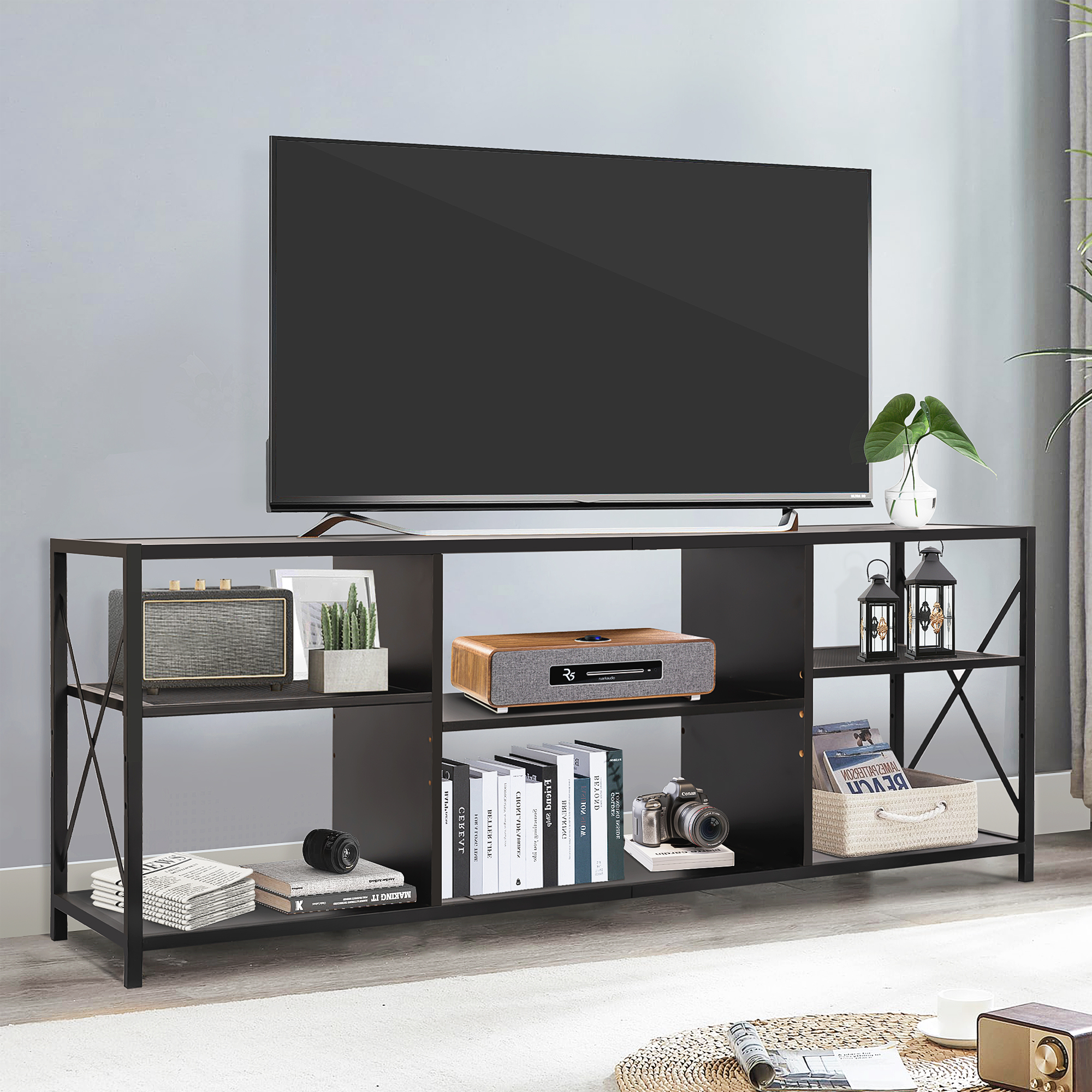 Woven Paths Open Storage TV Stand for TVs up to 80", Grey Wash ...