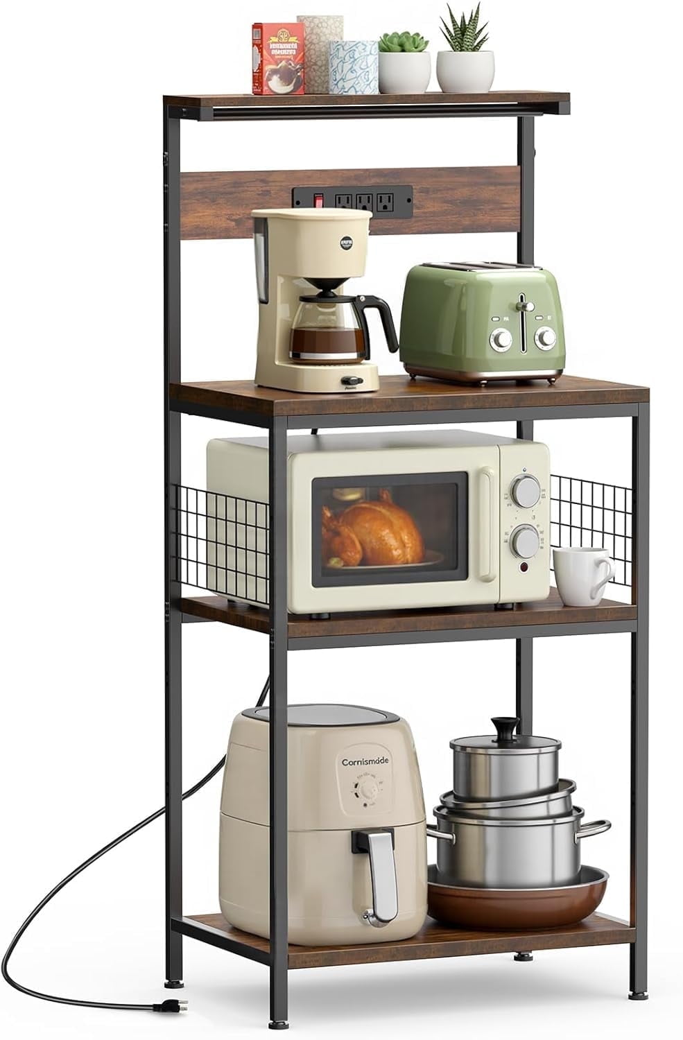 SUMELL 23" Bakers Rack with 3 Power Outlets & 10 Hooks, 4-Tier Coffee ...