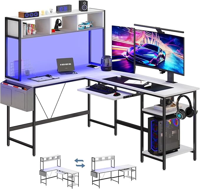 SUMELL 67" Reversible L-Shaped Gaming Desk with LED Lights, Keyboard ...
