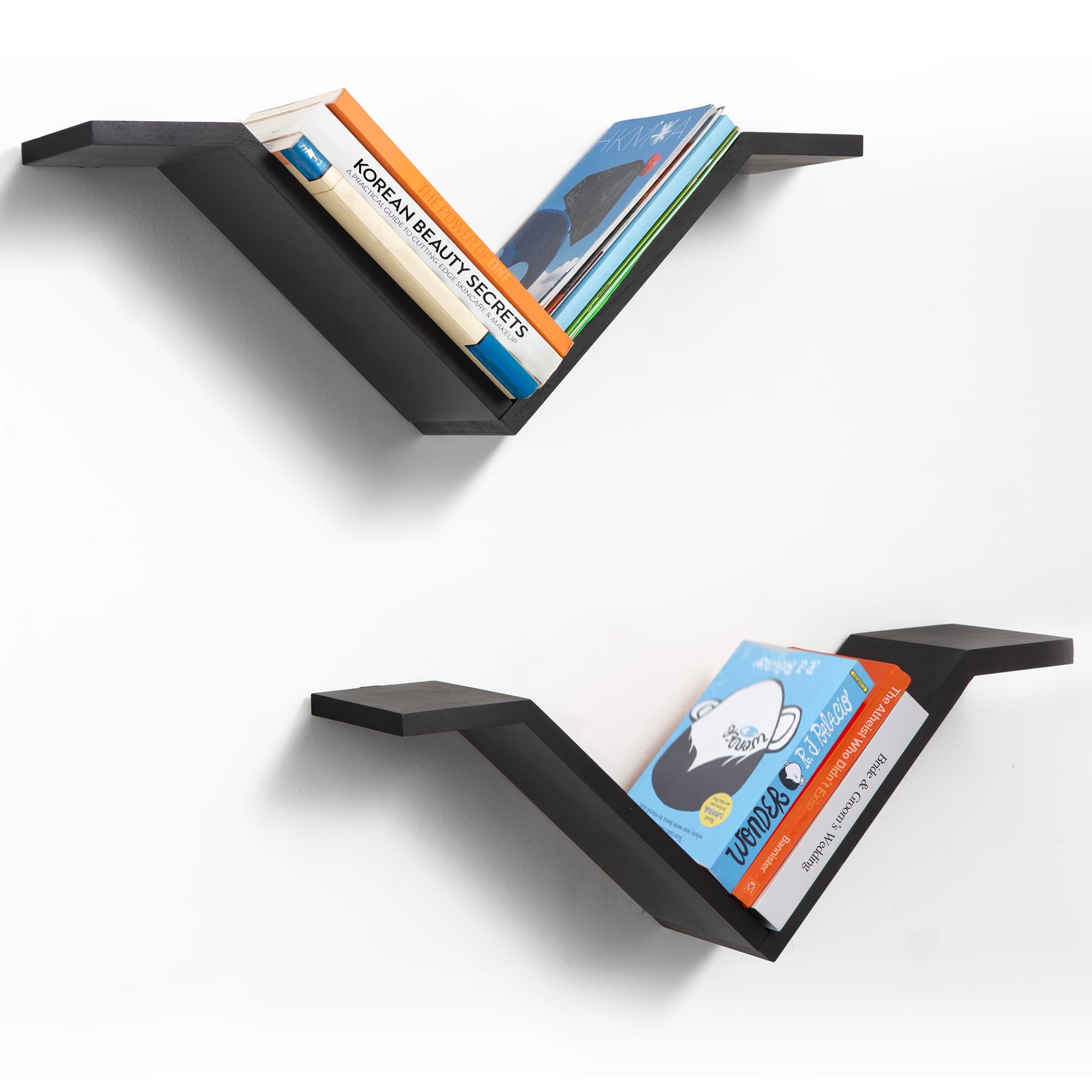 SUMGAR Wall Mounted Wood Bookshelf Set of 2, Black Modern Decor Storage ...