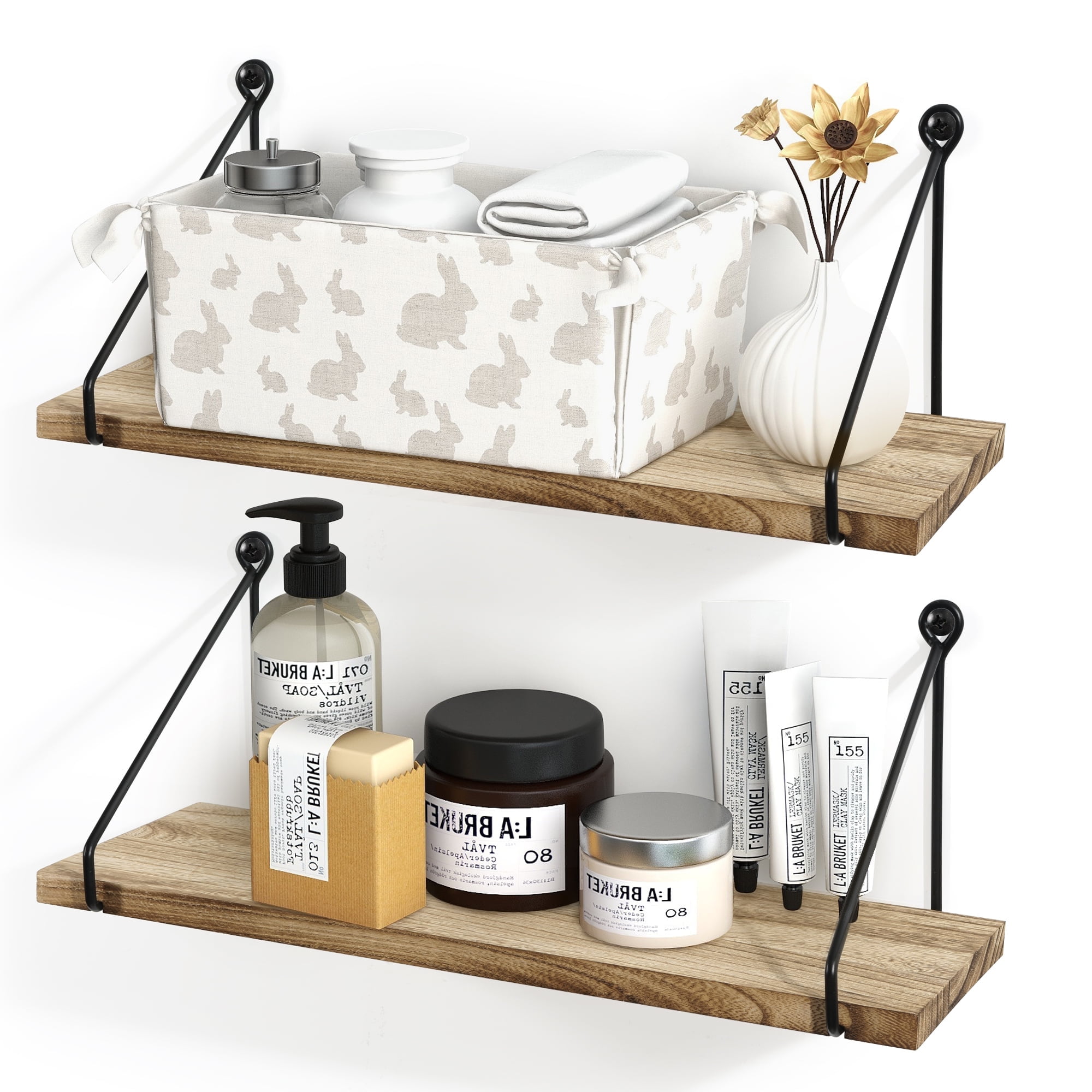 SUMGAR Floating Wall Shelves, Rustic 2-Tier Wood Metal Wall Mounted ...