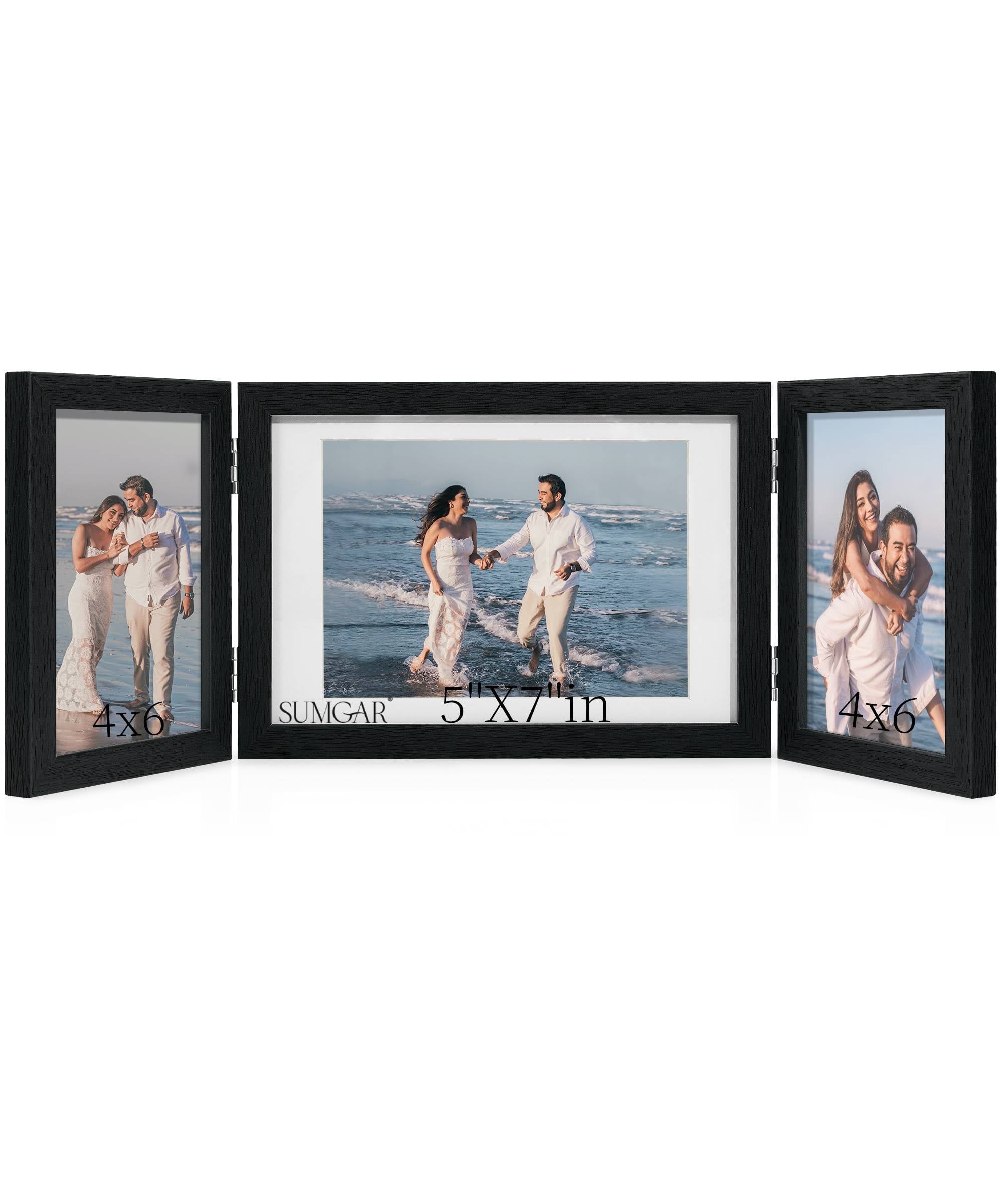 SUMGAR 5x7 & 4x6 Triple Black Picture Frames, Hinged Tabletop or Wall ...