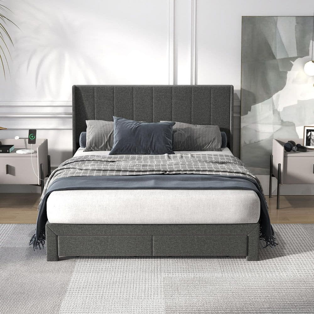 SUMMIT Queen Gray Upholstered Platform Bed with Wingback Headboardand ...