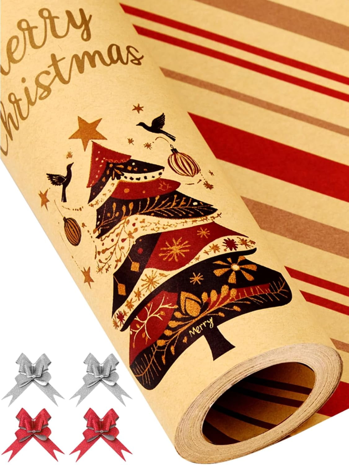 SUMMIT Vintage Christmas Wrapping Paper Rolls Set,Brown Kraft Retro ...