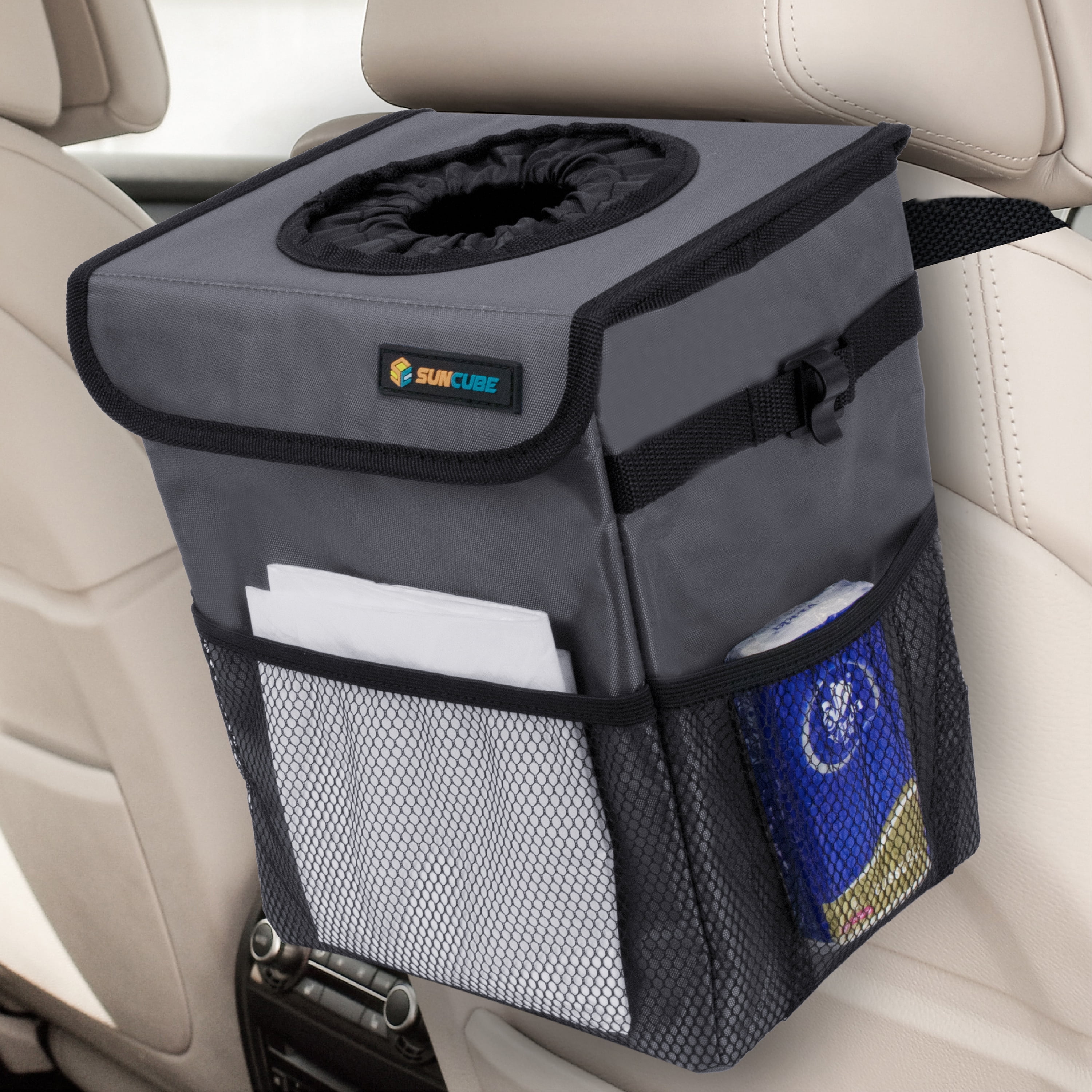 Sun Cube Waterproof Car Trash Can with Lid, Leakproof Organizer, Mesh ...