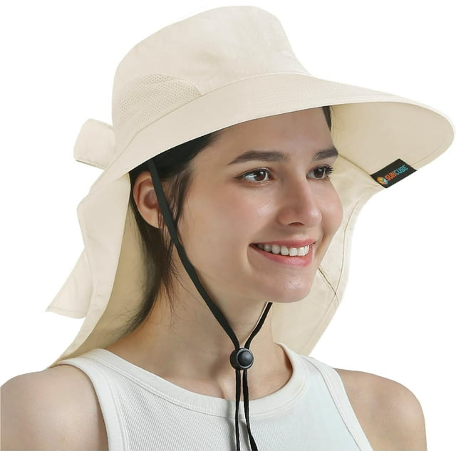 SUN CUBE Wide Brim Sun Hat with Neck Flap, UPF50+ Hiking Safari Fishing ...