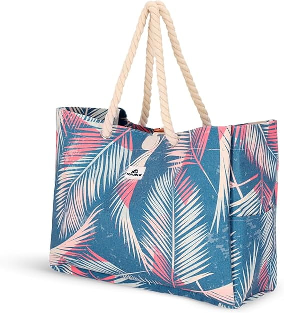 SUN NINJA XL Canvas Beach Tote Bag - Water-Resistant Tote Bag with Pockets - Large Pool Bags and ...