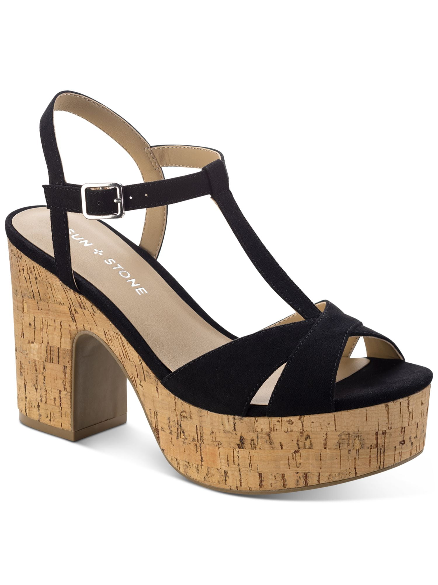 SUN STONE Womens Black Slingback 1-1/2" Platform Cushioned Adjustable ...