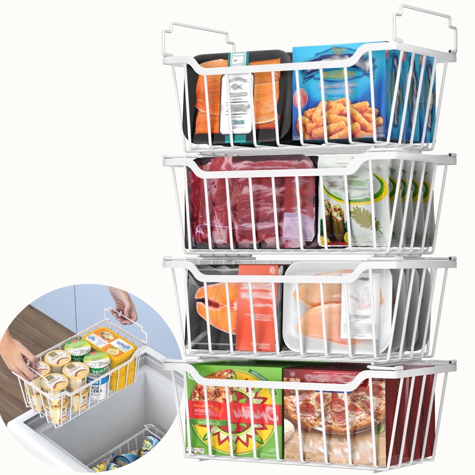 SUNALLY Freezer Organizer Bins 4 Pack, Stackable Freezer Baskets with ...