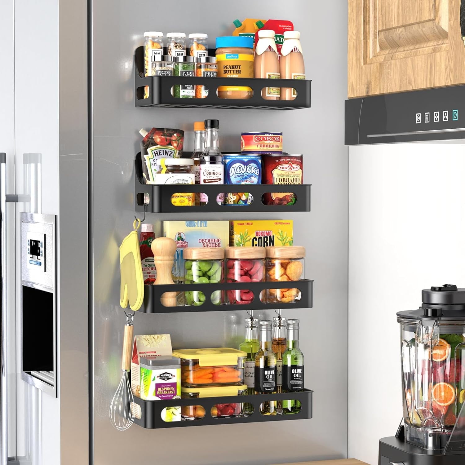 SUNALLY 4-Pack Magnetic Fridge Spice Rack and Cabinet Shelf Organizers ...