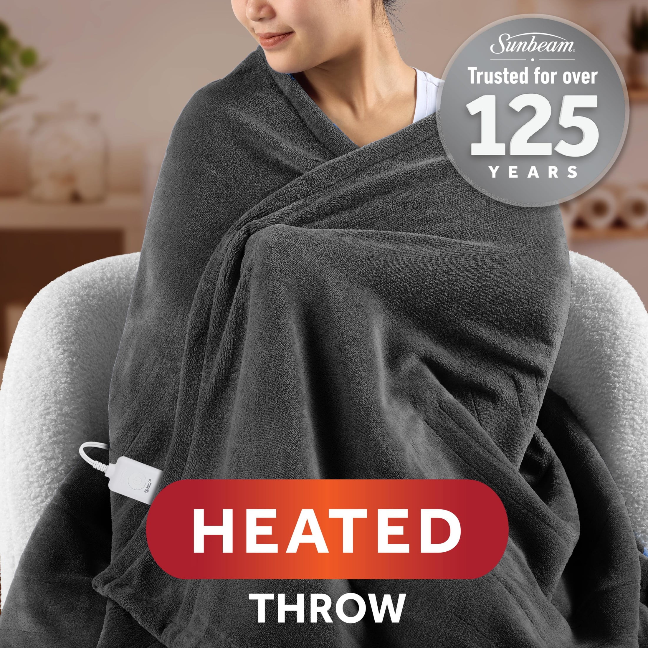 Sunbeam Heated Throw Blanket Super Soft Microplush Oversize Grey Stone ...