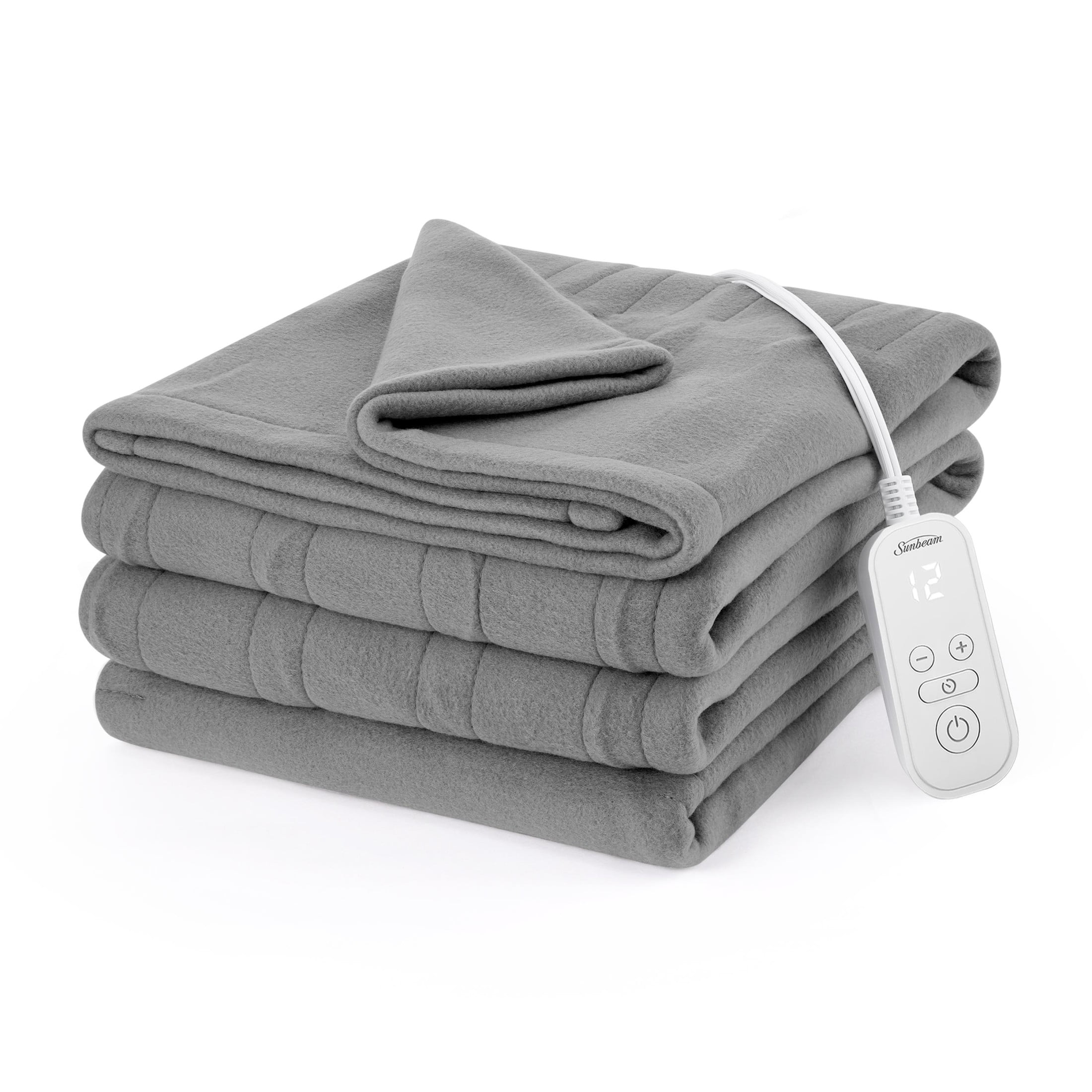 Sunbeam Electric Heated Bed Blanket Gray Soft Brushed Fleece 12 Heat ...