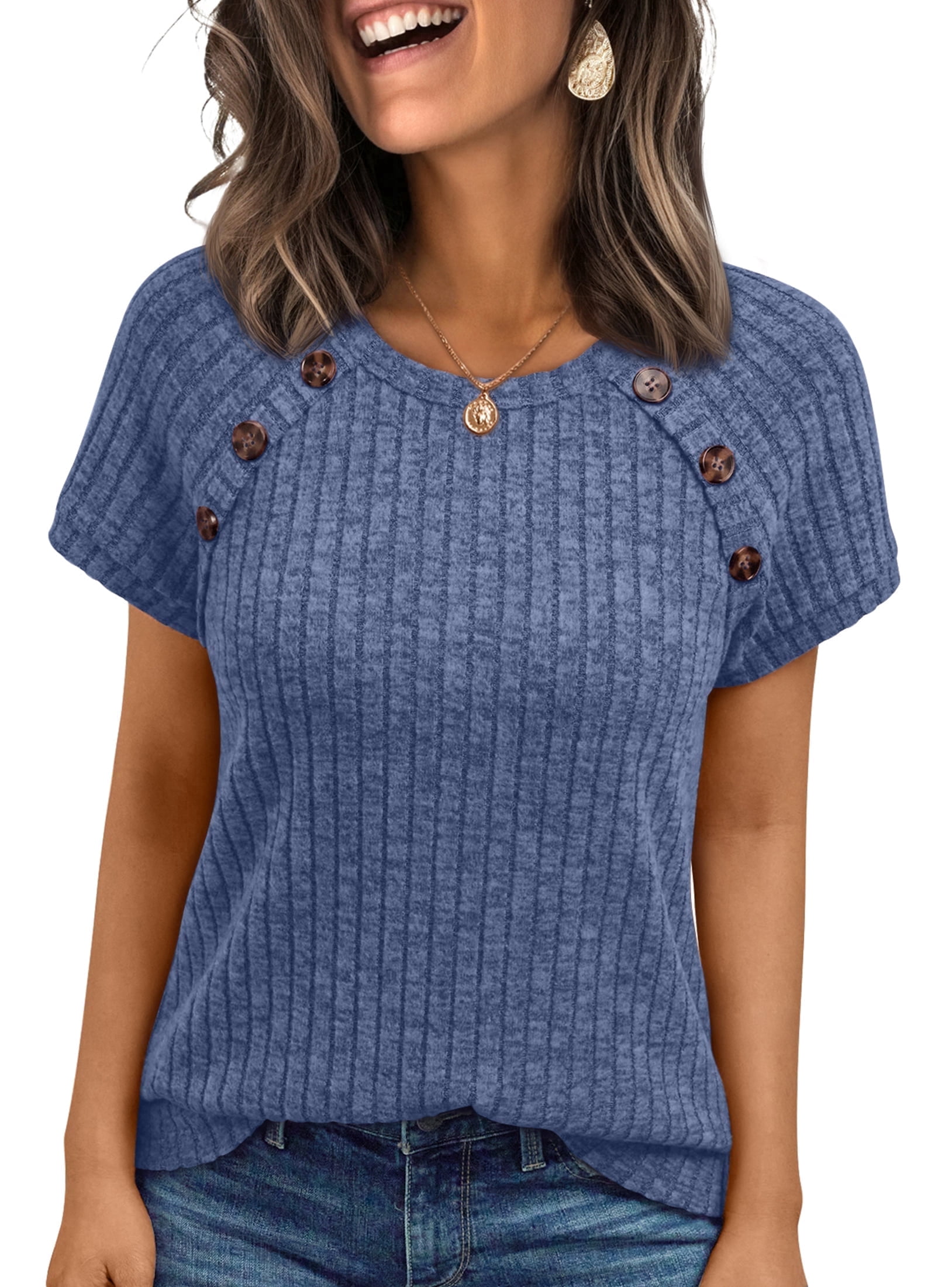 SUNBS Blouses for Women Crew Neck Casual Tunic Tops Short Sleeve Shirts ...
