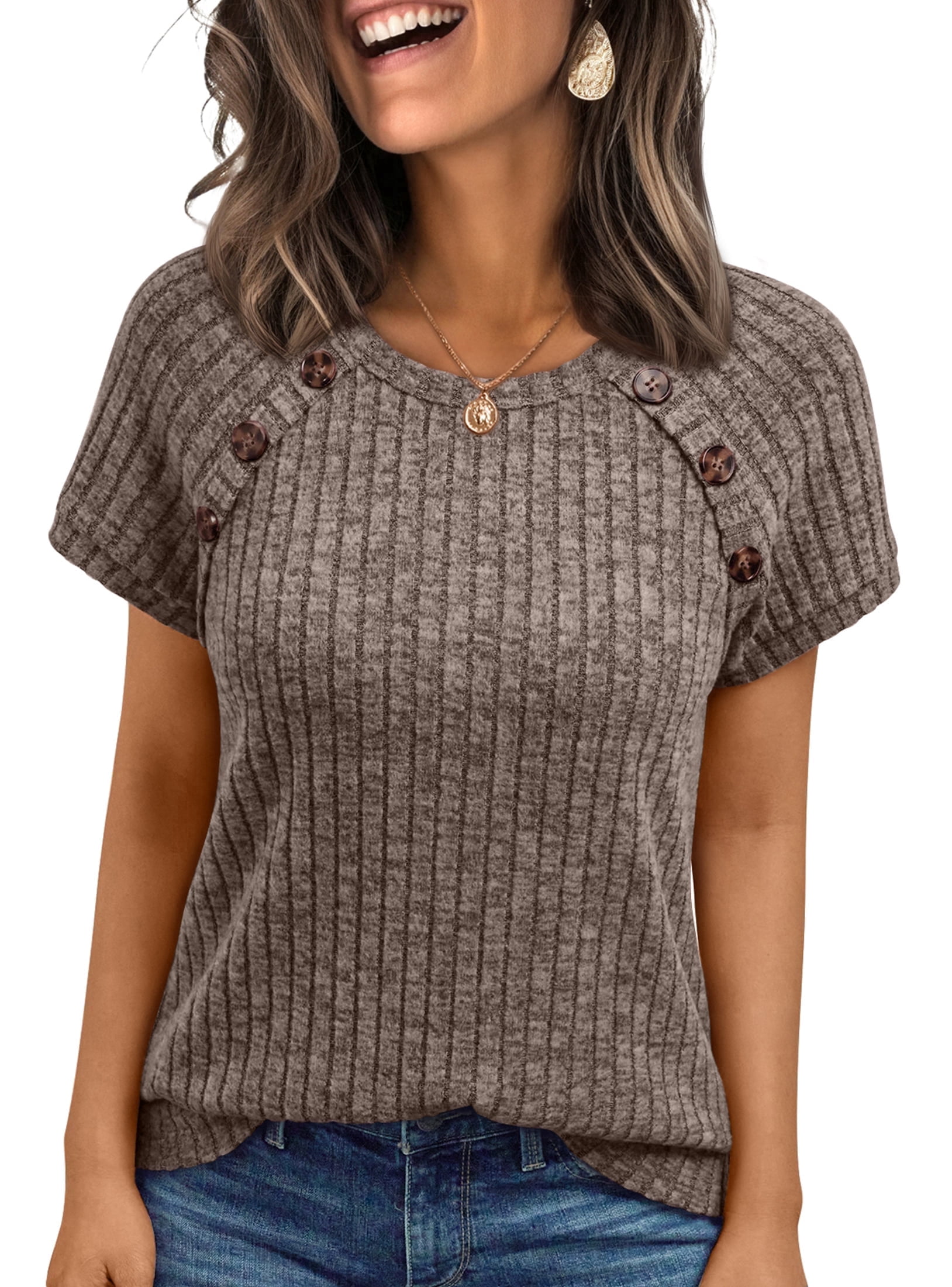 SUNBS Blouses for Women Crew Neck Casual Tunic Tops Short Sleeve Shirts ...