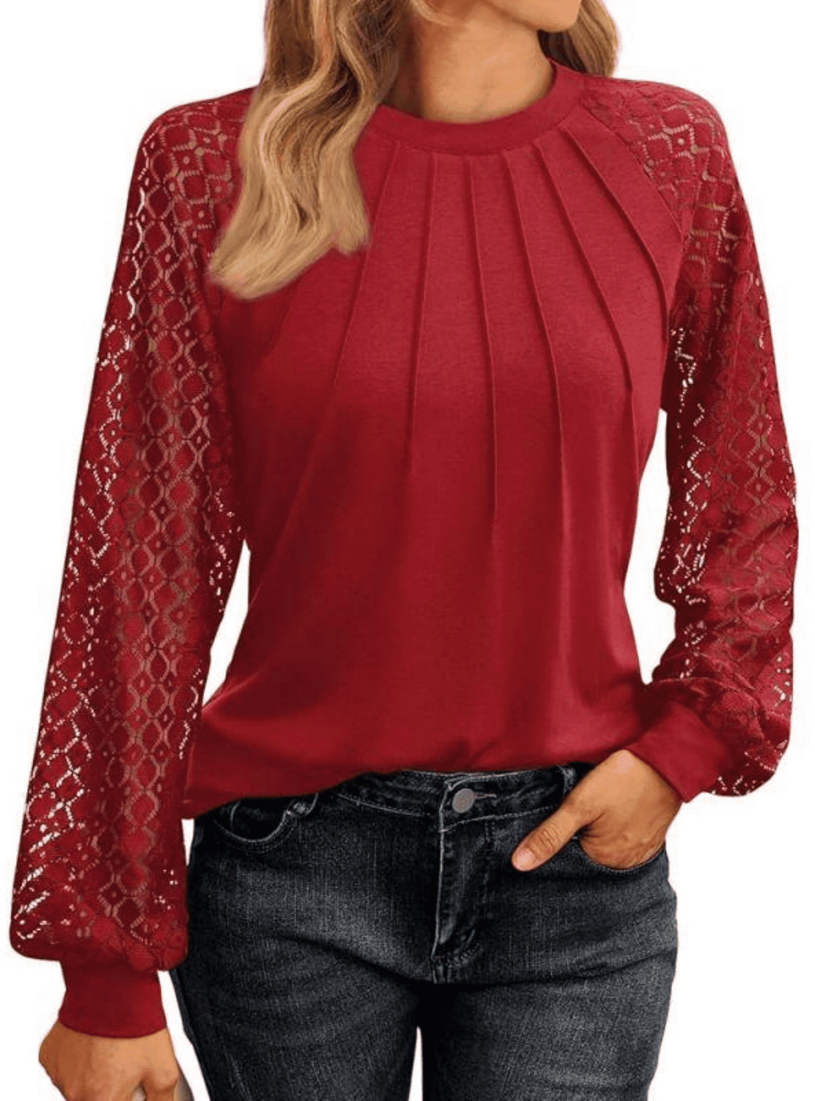 SUNBS Blouses for Women Lace Tops Crewneck Casual Fashion Pleated Long ...