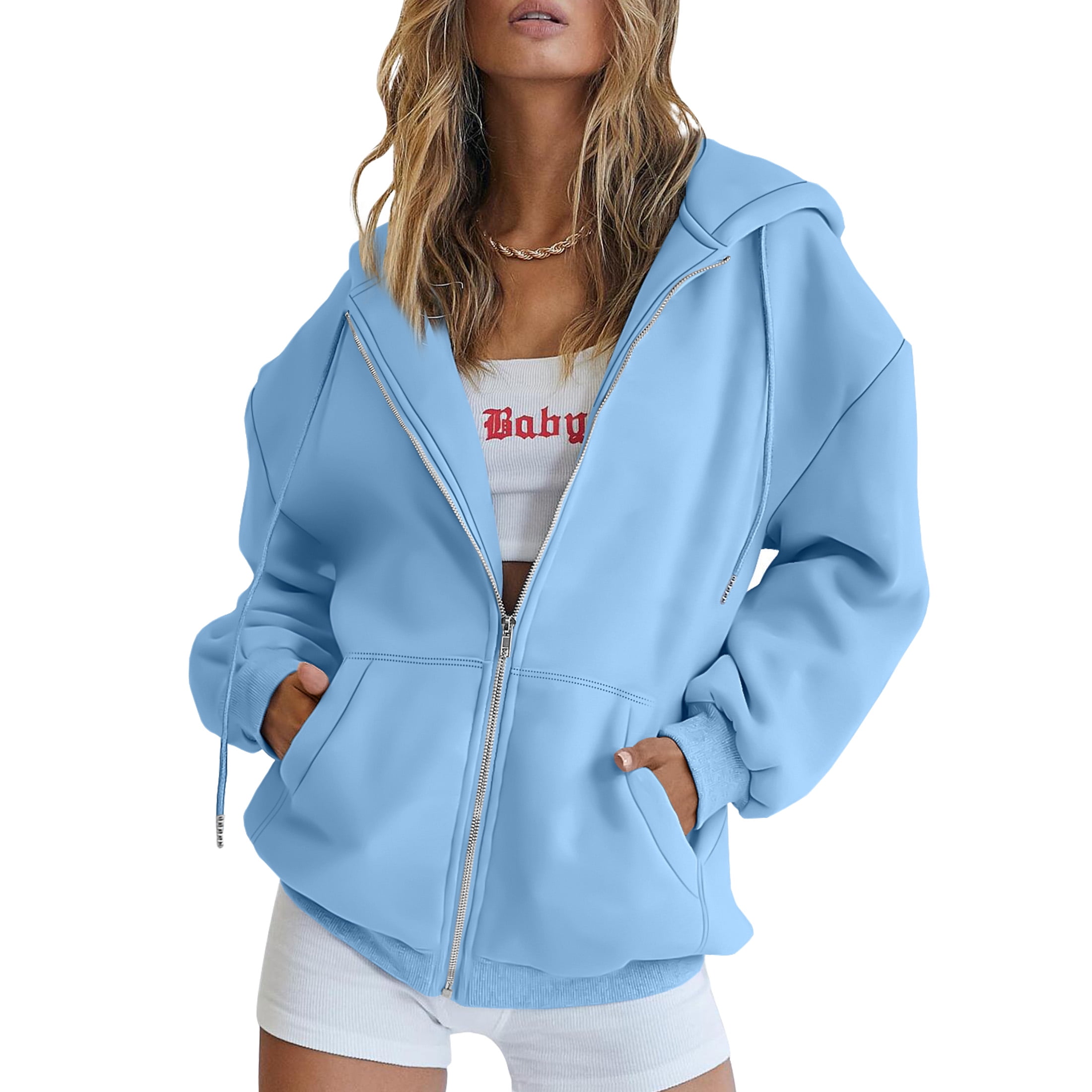 SUNBS Drawstring Zip Up Hoodies for Women Fall Cute Jacket Oversized ...