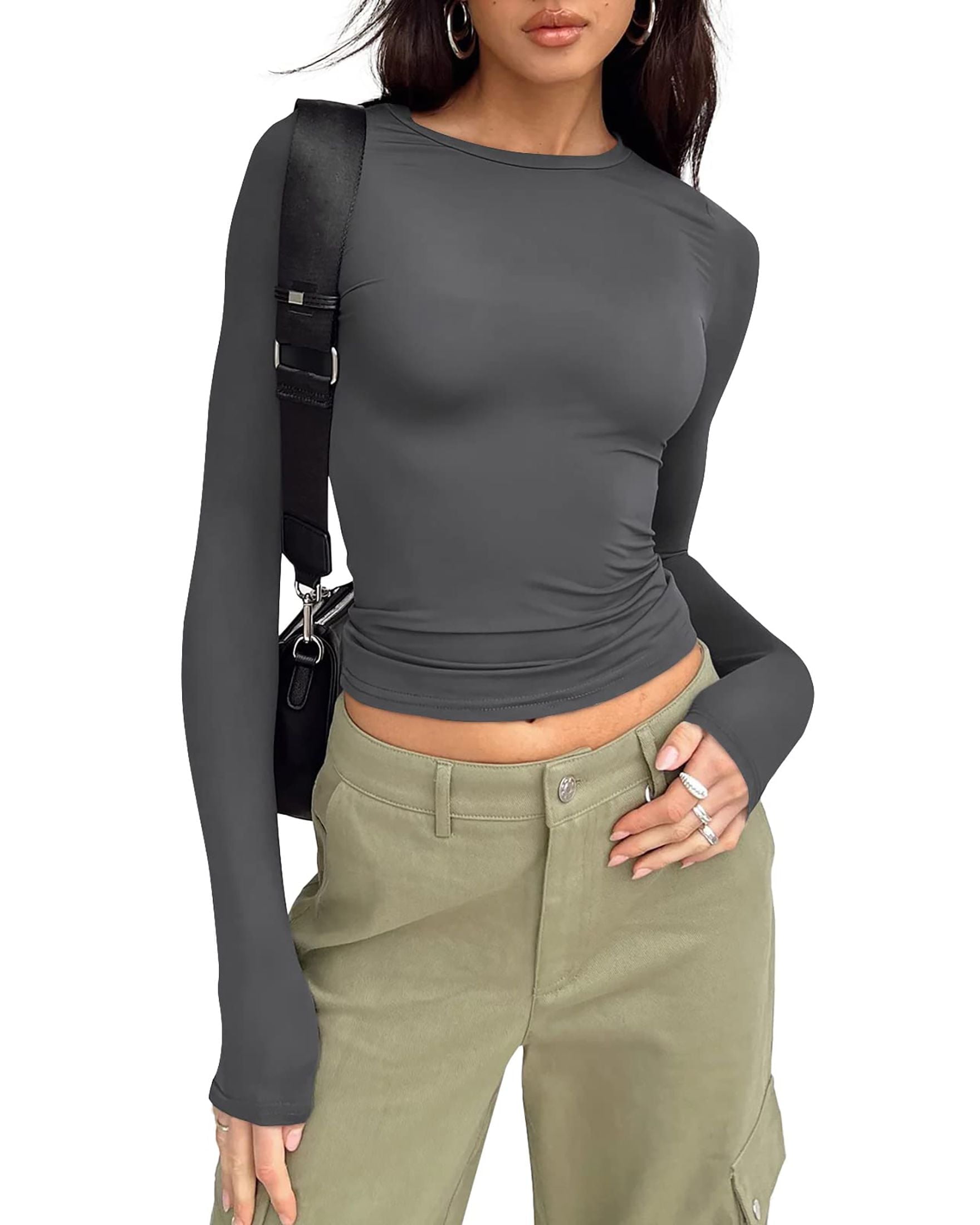 SUNBS Fitted Long Sleeve Shirts for Women Basic Crop Fall Fashion ...