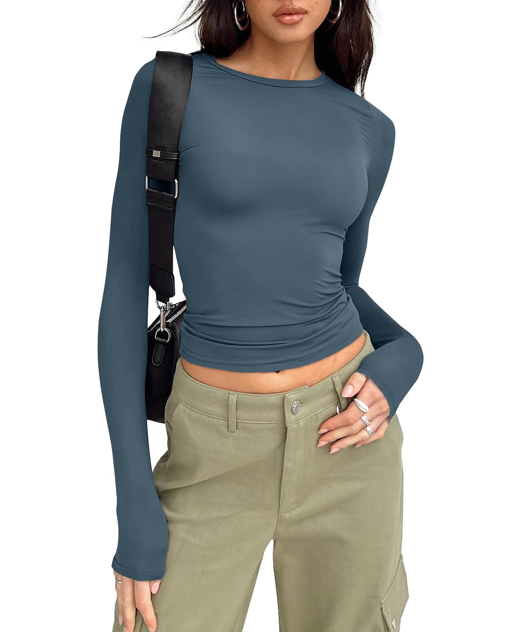 SUNBS Fitted Long Sleeve Shirts for Women Basic Crop Tops Fall Fashion ...