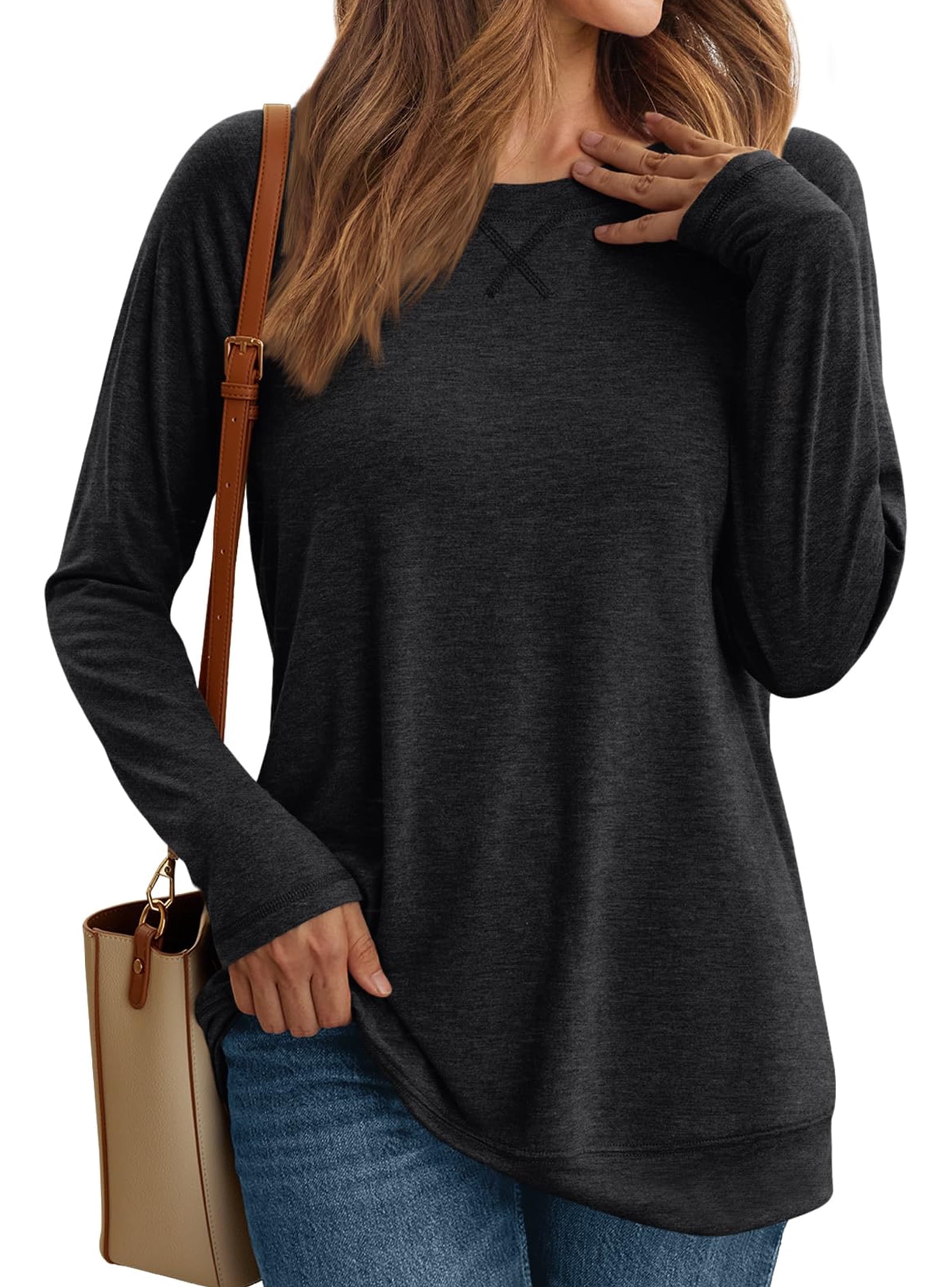 SUNBS Long Sleeve Shirts for Women Casual Work Tops Crewneck Blouses ...