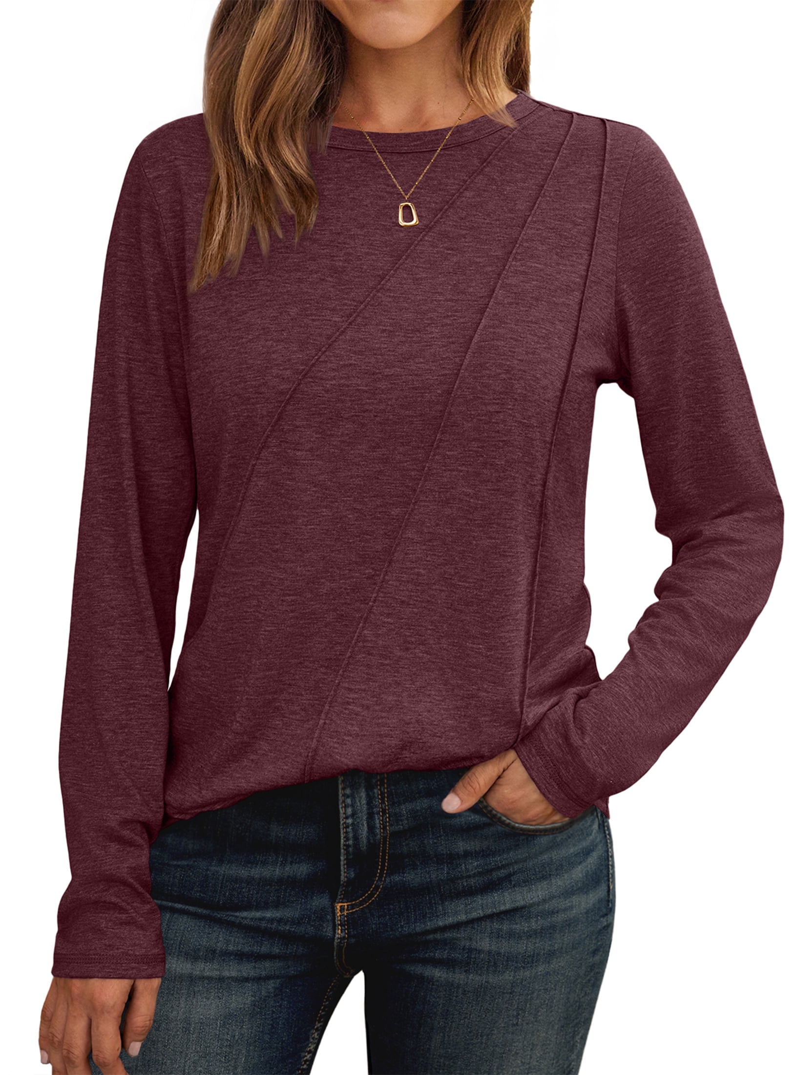 SUNBS Long Sleeve Shirts for Women Pleated Crew Neck Casual Fall ...