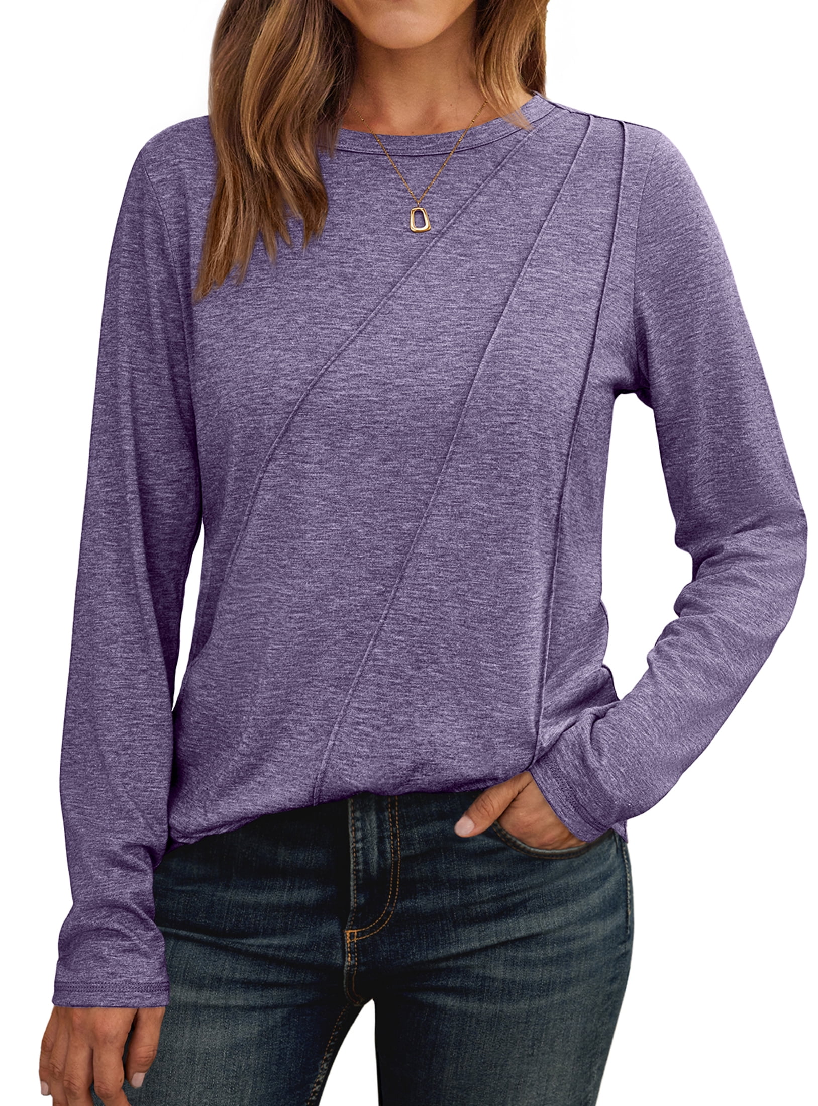 SUNBS Long Sleeve Shirts for Women Pleated Crew Neck Casual Fall ...