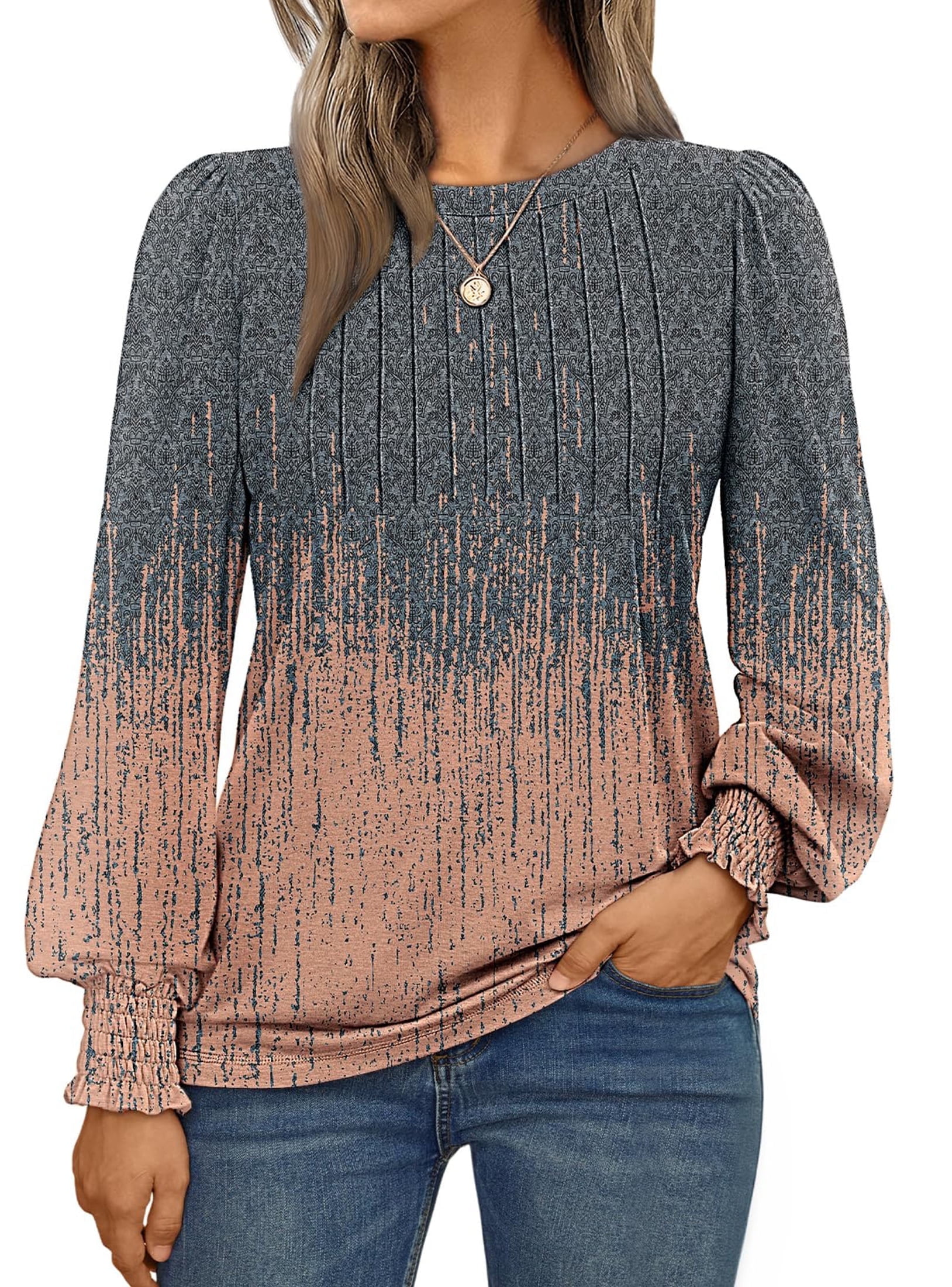 SUNBS Long Sleeve Shirts for Women Pleated Crewneck Fall Winter Casual ...