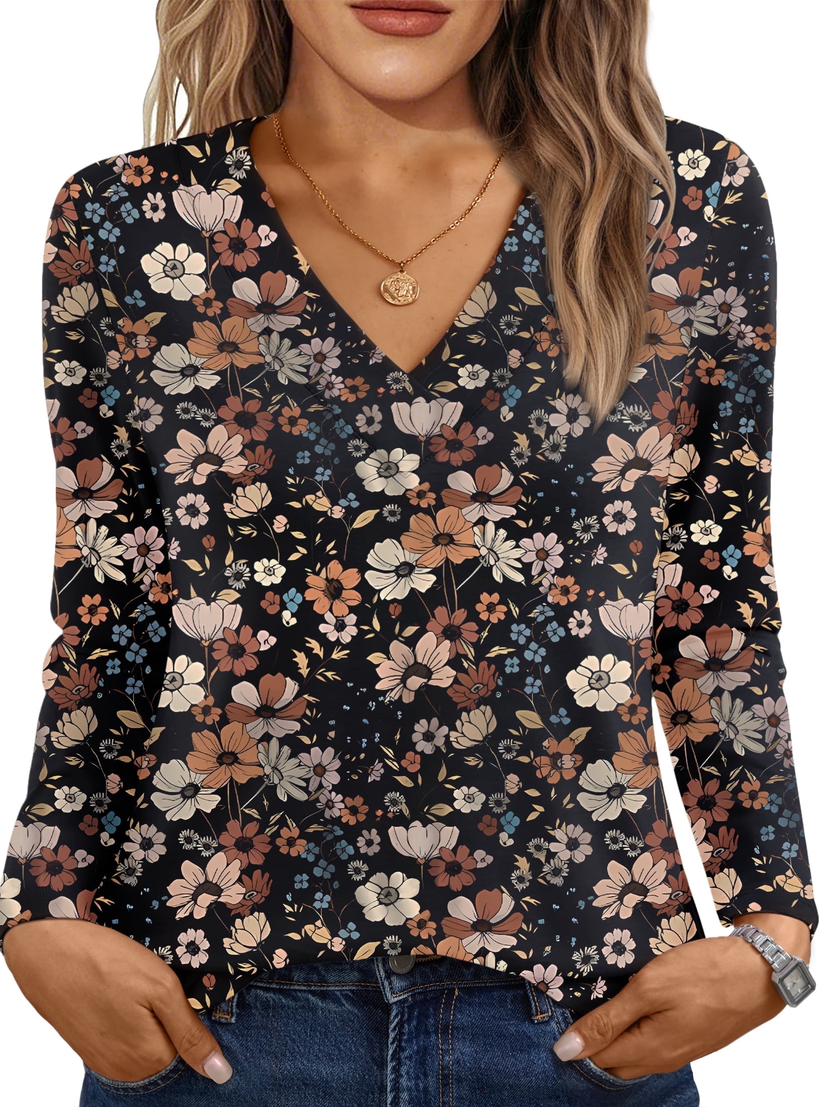 SUNBS Graphic Shirts for Women V Neck Blouses Casual Soft Women Long ...