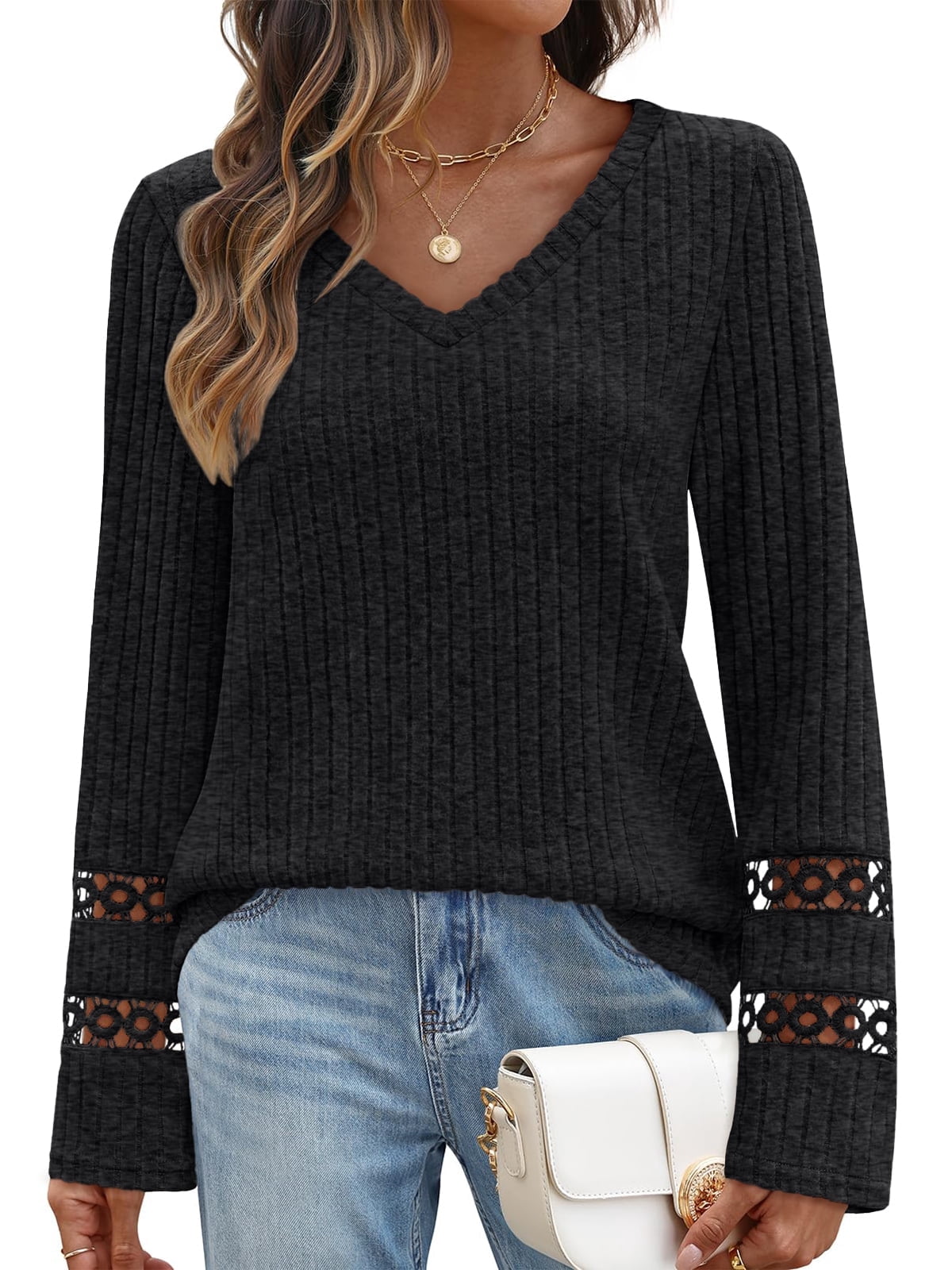 SUNBS Long Sleeve Shirts for Women Trendy Casual V-neck Tops ...