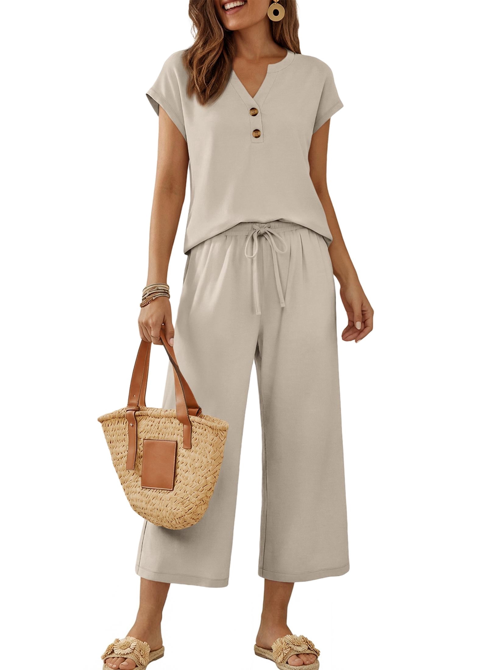 SUNBS Lounge Sets for Women 2 Piece Outfit Sets Cap Sleeve Henley Shirt ...