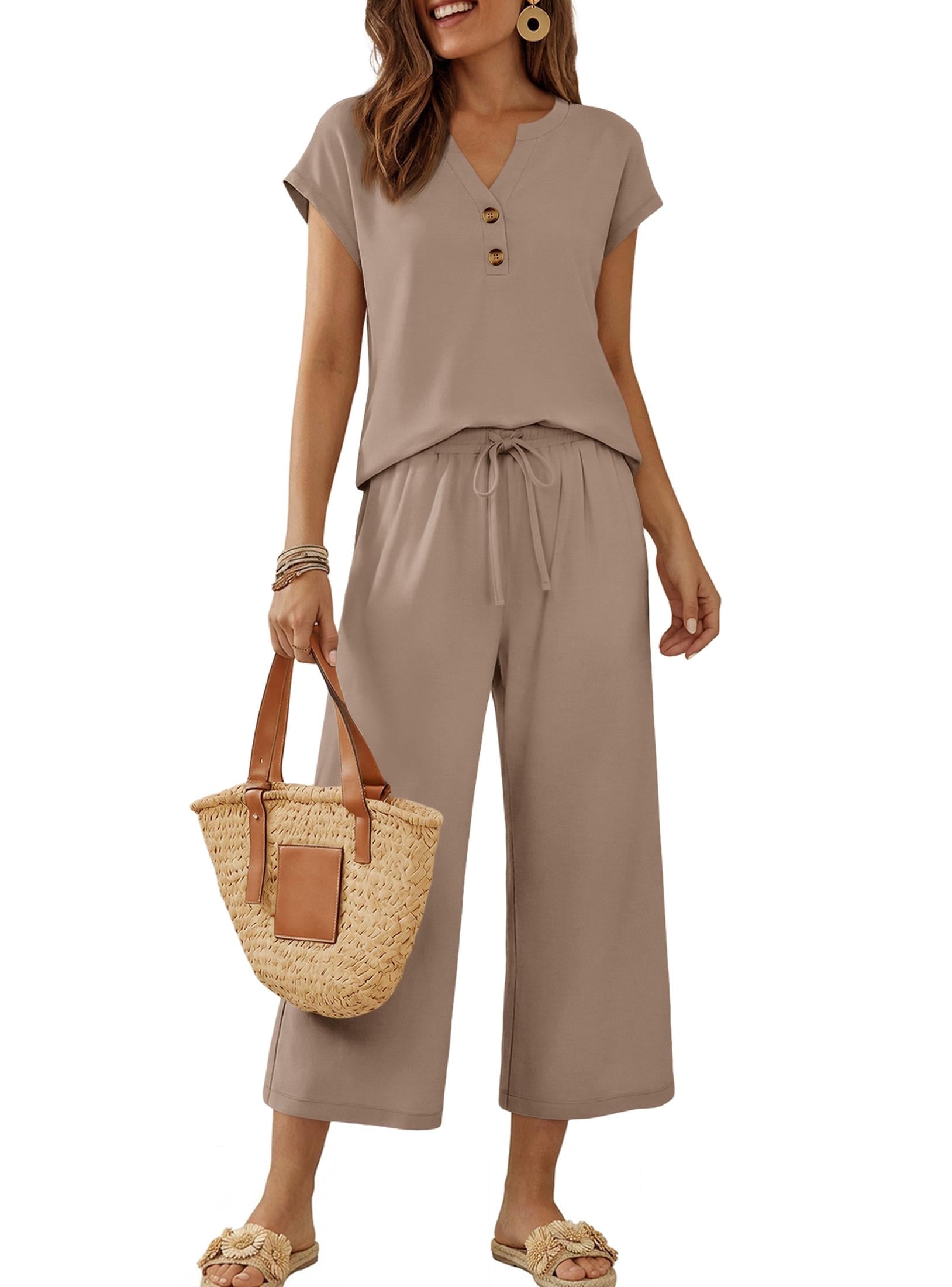 SUNBS Lounge Sets for Women 2 Piece Outfit Sets Cap Sleeve Henley Shirt ...