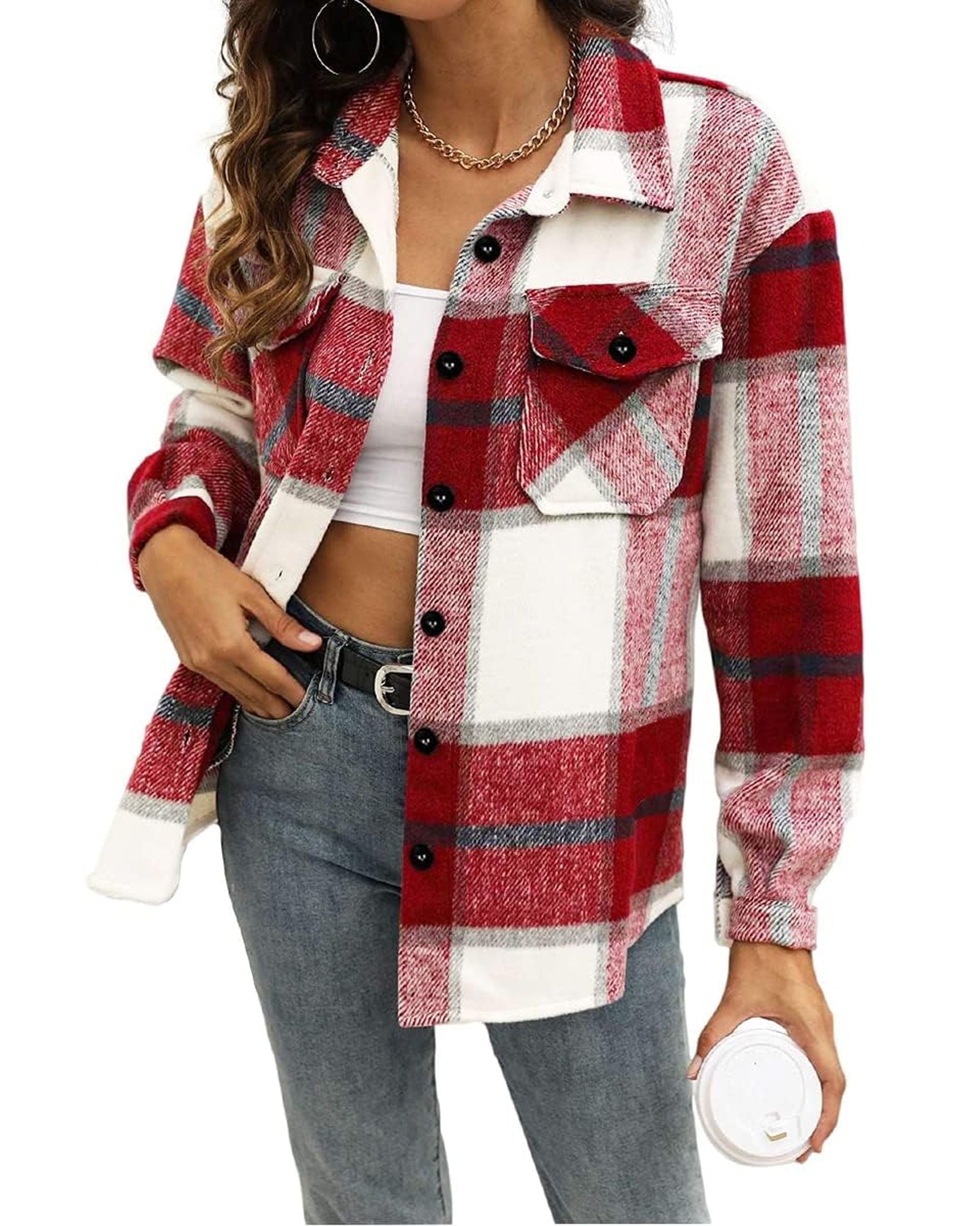 SUNBS Plaid Flannel Shackets for Women Long Sleeve Button Down Shirts ...
