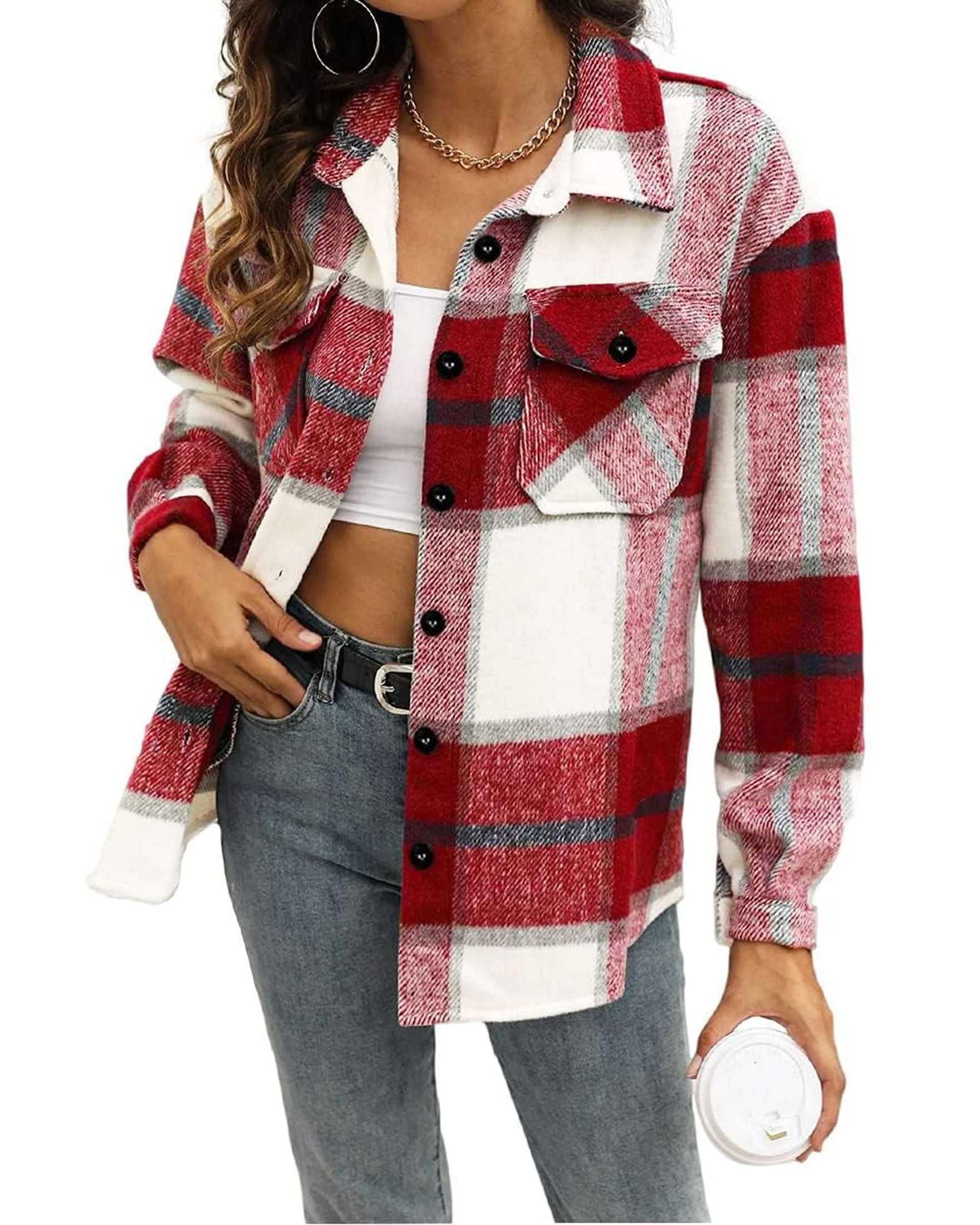 SUNBS Plaid Flannel Shackets for Women Long Sleeve Button Down Jackets ...