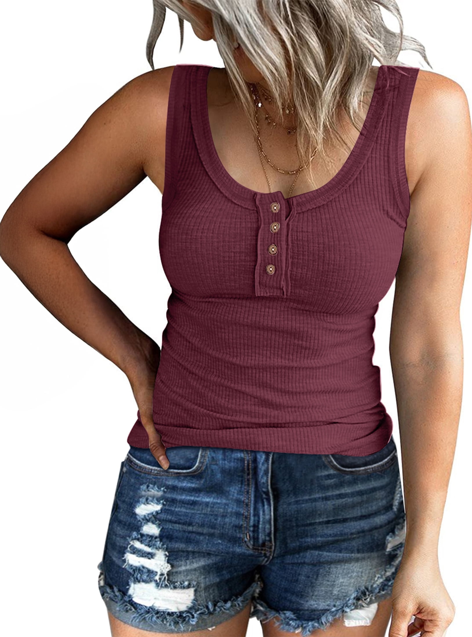 SUNBS Plain Ribbed Tank Tops for Women, Sleeveless Henley Camisole ...
