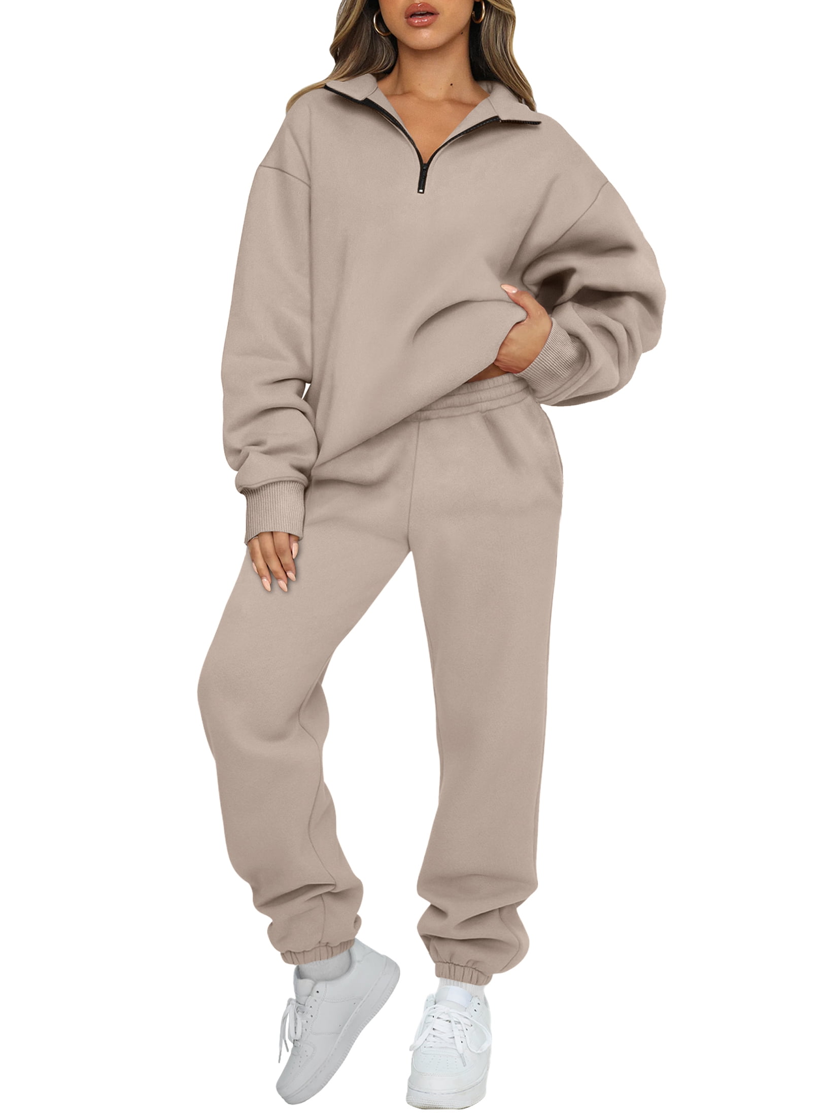 SUNBS Women's Sweatsuits 2 Piece Outfits Long Sleeve Half Zip Pullover and Baggy Sweatpants with ...