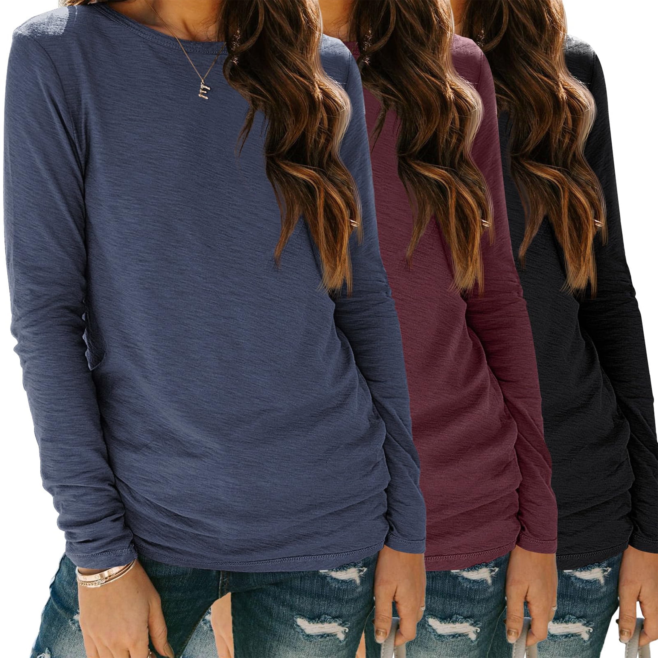 SUNBS Womens 3 Packs Long Sleeve Shirts Loose Fit Fall Tops Fashion ...