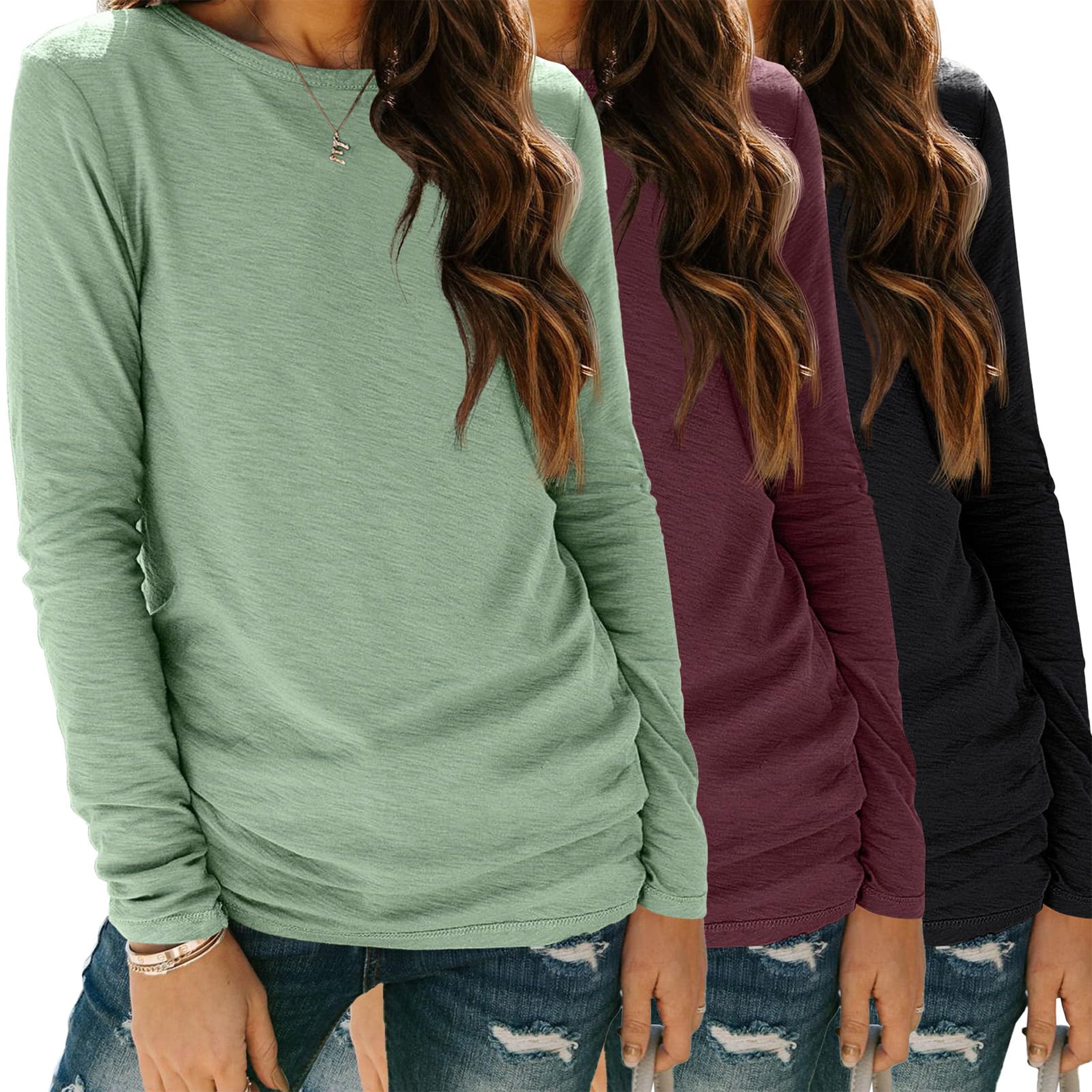 SUNBS Womens 3 Packs Long Sleeve Shirts Loose Fit Fall Tops Fashion ...