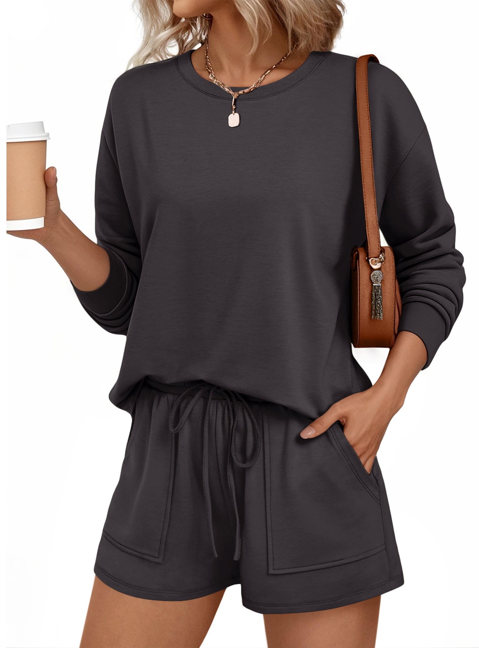 SUNBS Womens Crew Neck Two Piece Short Sets Long Sleeve Drawstring ...