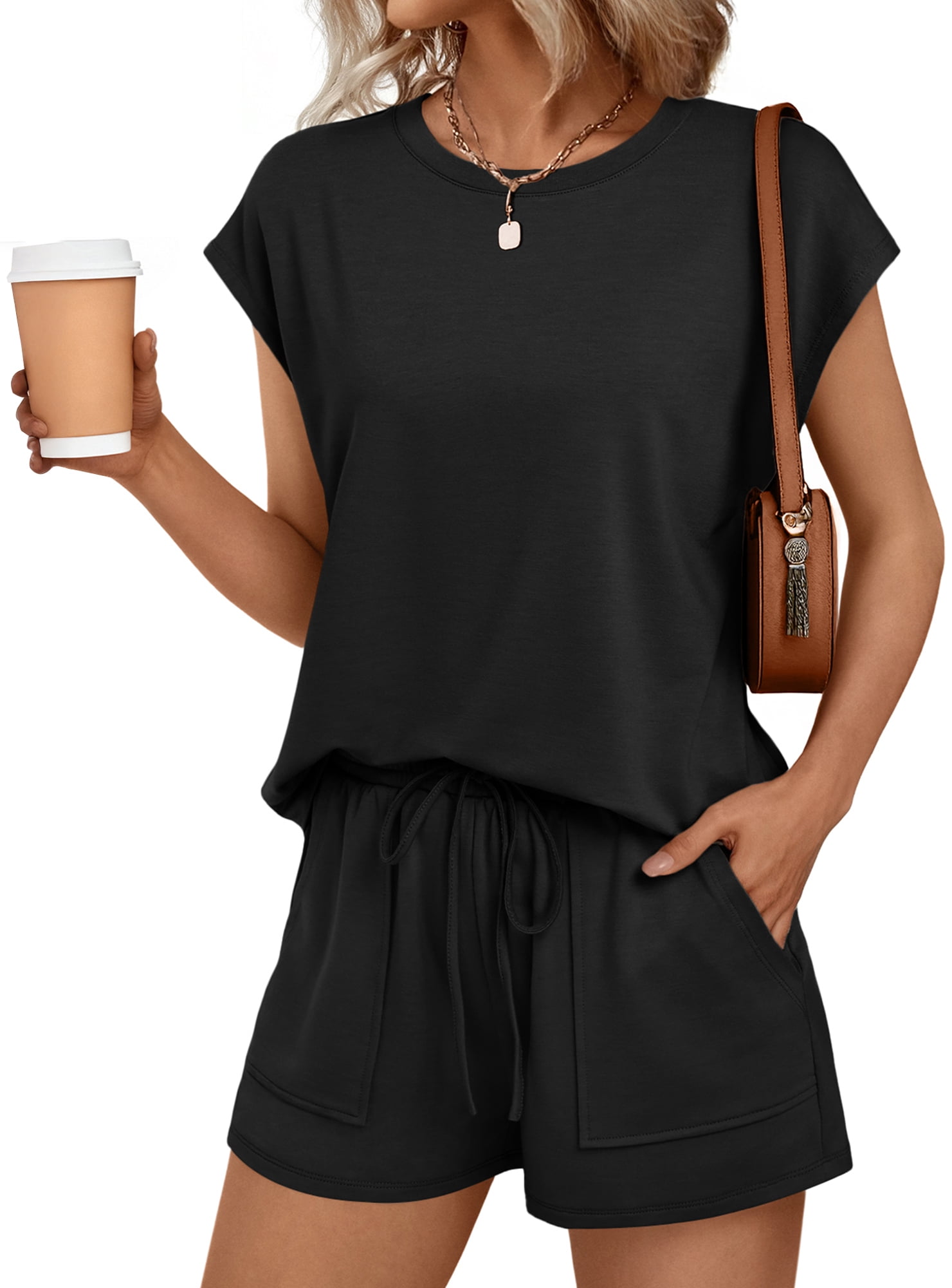 SUNBS Womens Crew Neck Two Piece short Sets Cap Sleeve Drawstring ...