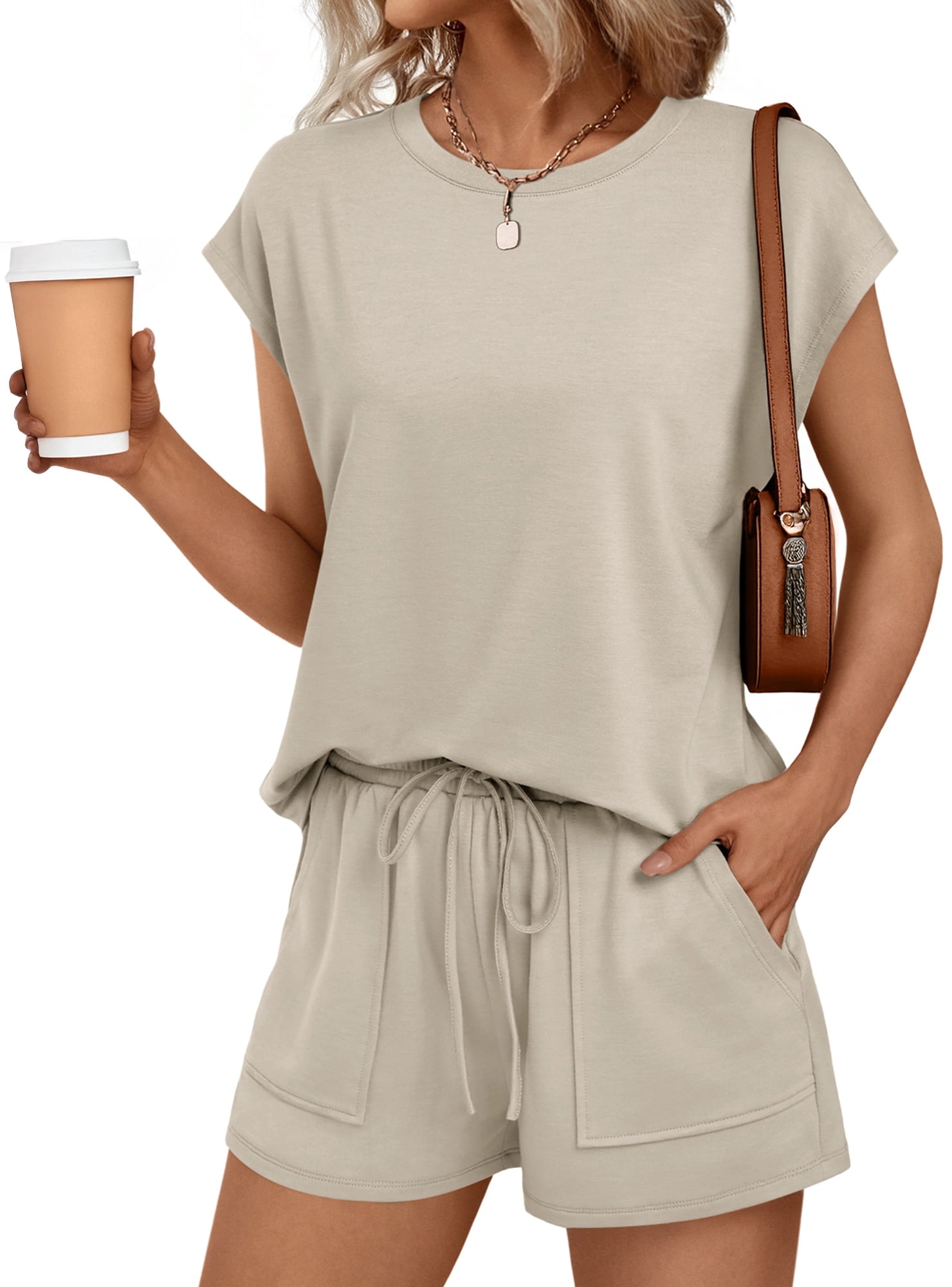 SUNBS Two Piece Outfits Women Crew Neck Lounge Set Short Sets Cap ...