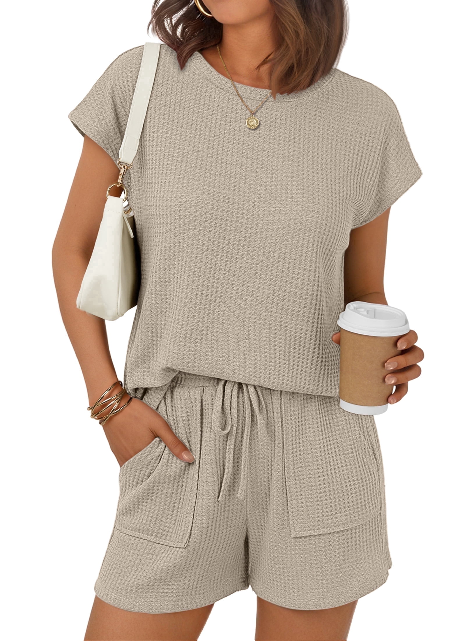 SUNBS Two Piece Outfits Lounge Sets Womens Crew Neck Sweat Suit Short ...