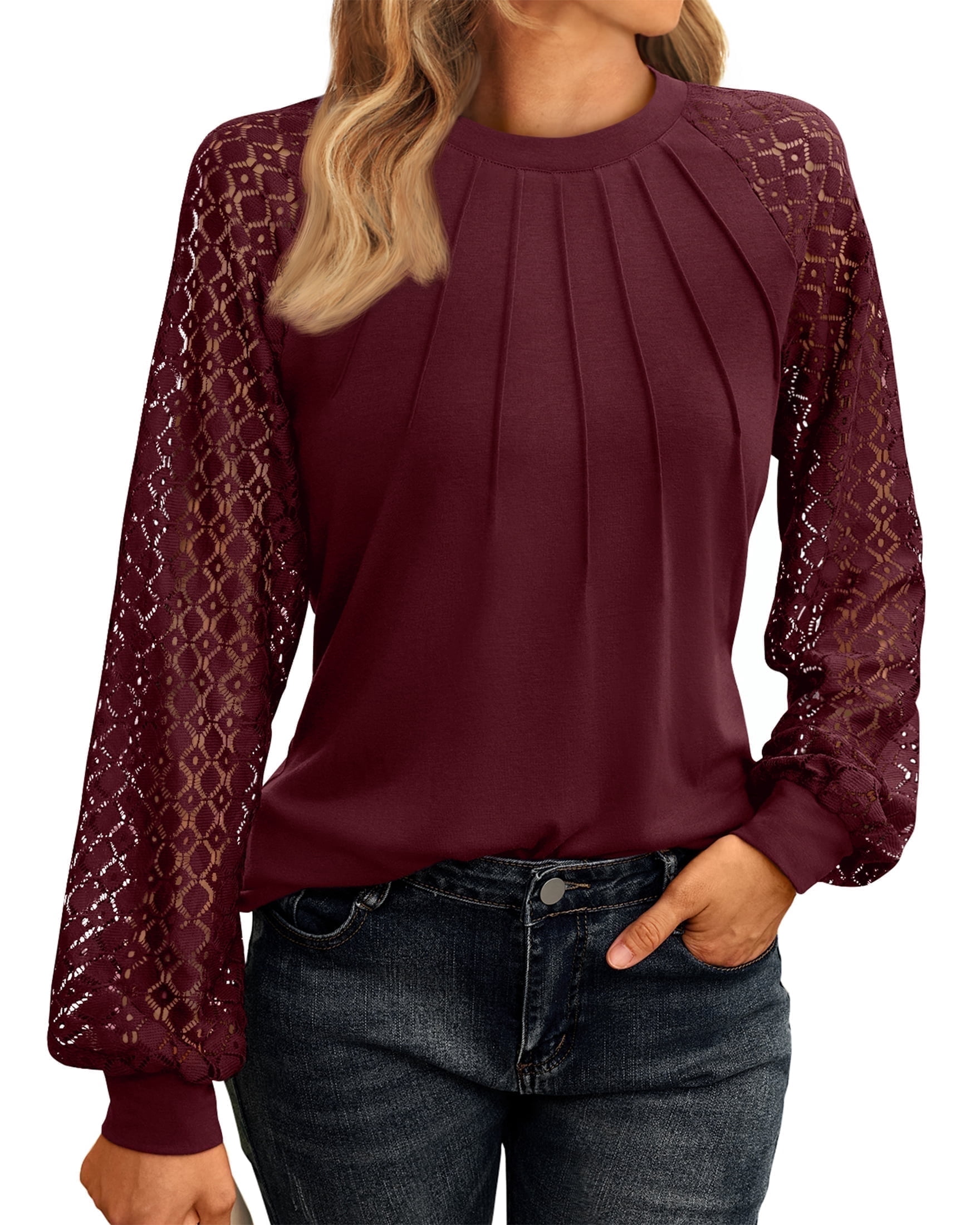 SUNBS Womens Crewneck Casual Blouses Long Sleeve Lace Tunic Top ...
