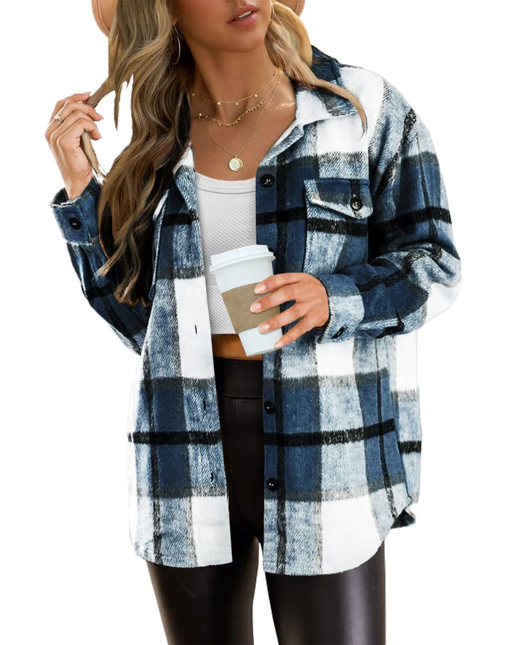 SUNBS Plaid Flannel Shackets for Women Long Sleeve Button Down Jackets ...
