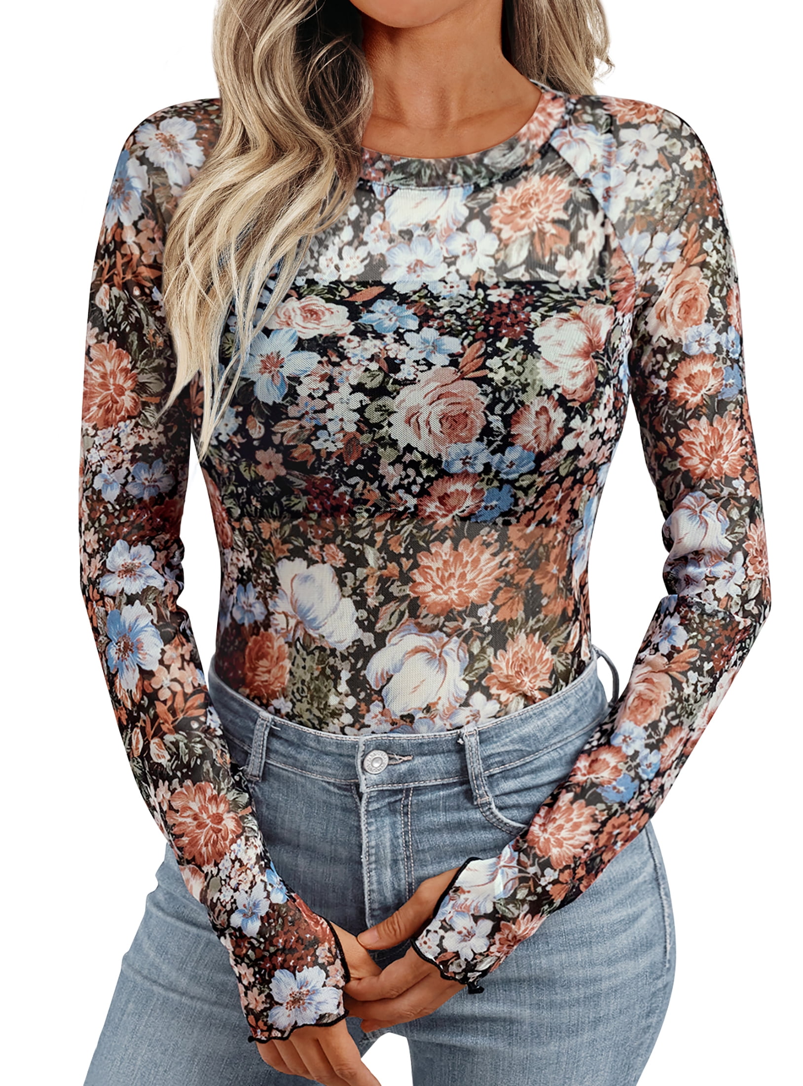 SUNBS Blouses for Women Floral Mesh T Shirts Sheer Lace Going Out Tops ...