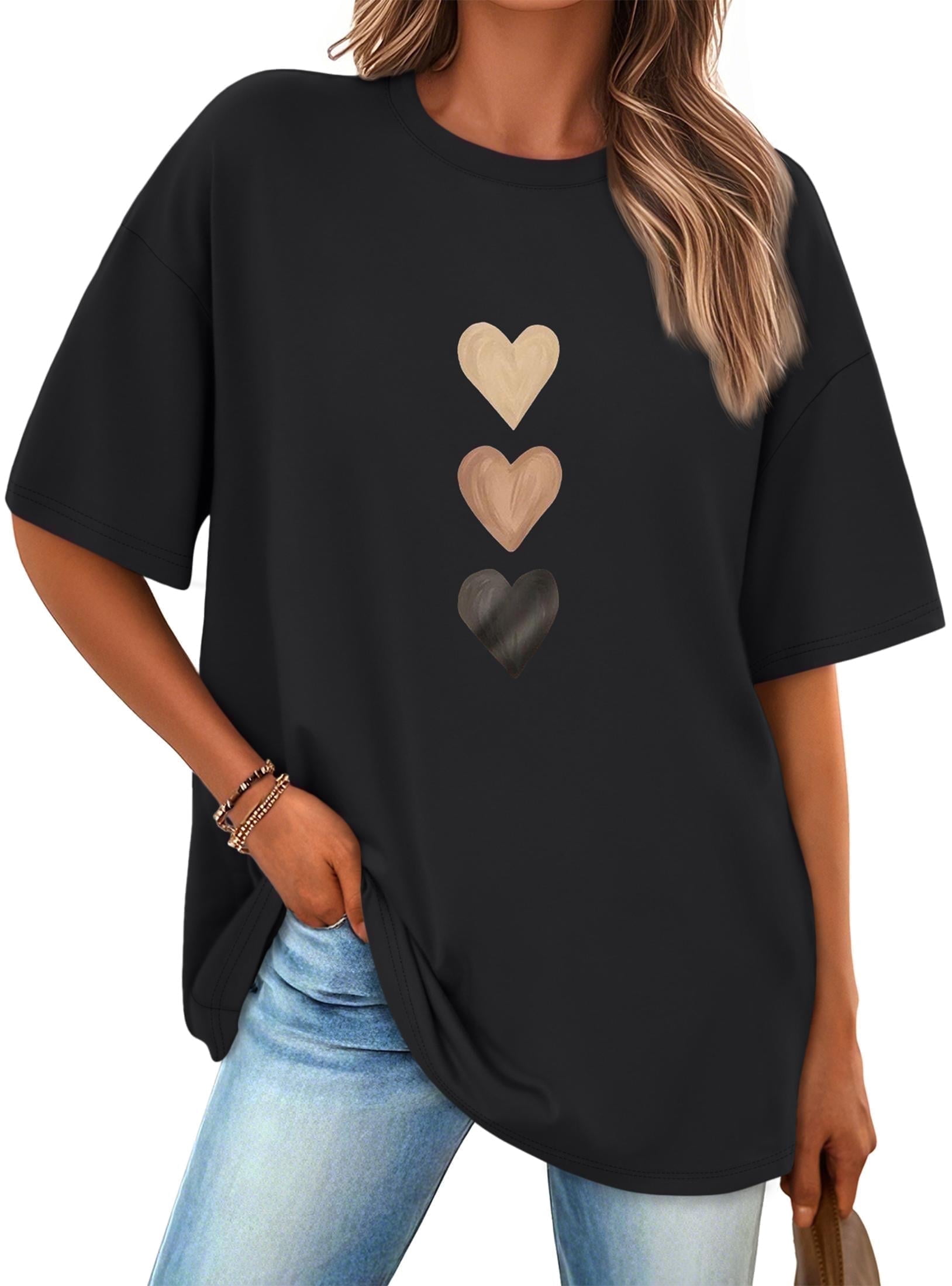 SUNBS Womens Oversized Graphic Tees, Casual Summer Tops with Love Heart ...