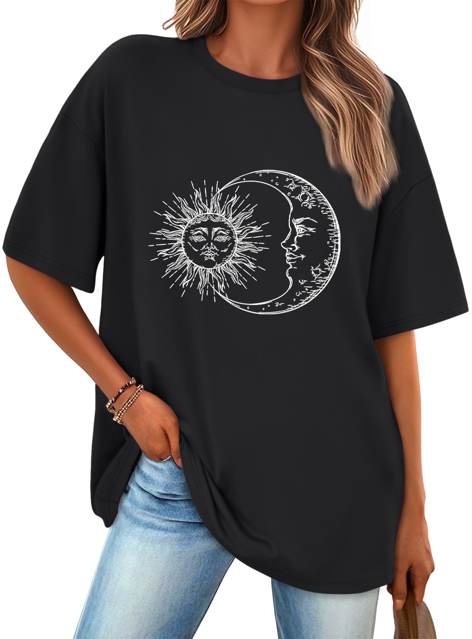 SUNBS Women's Graphic T-Shirts, Oversized Sun and Moon, Hearts ...