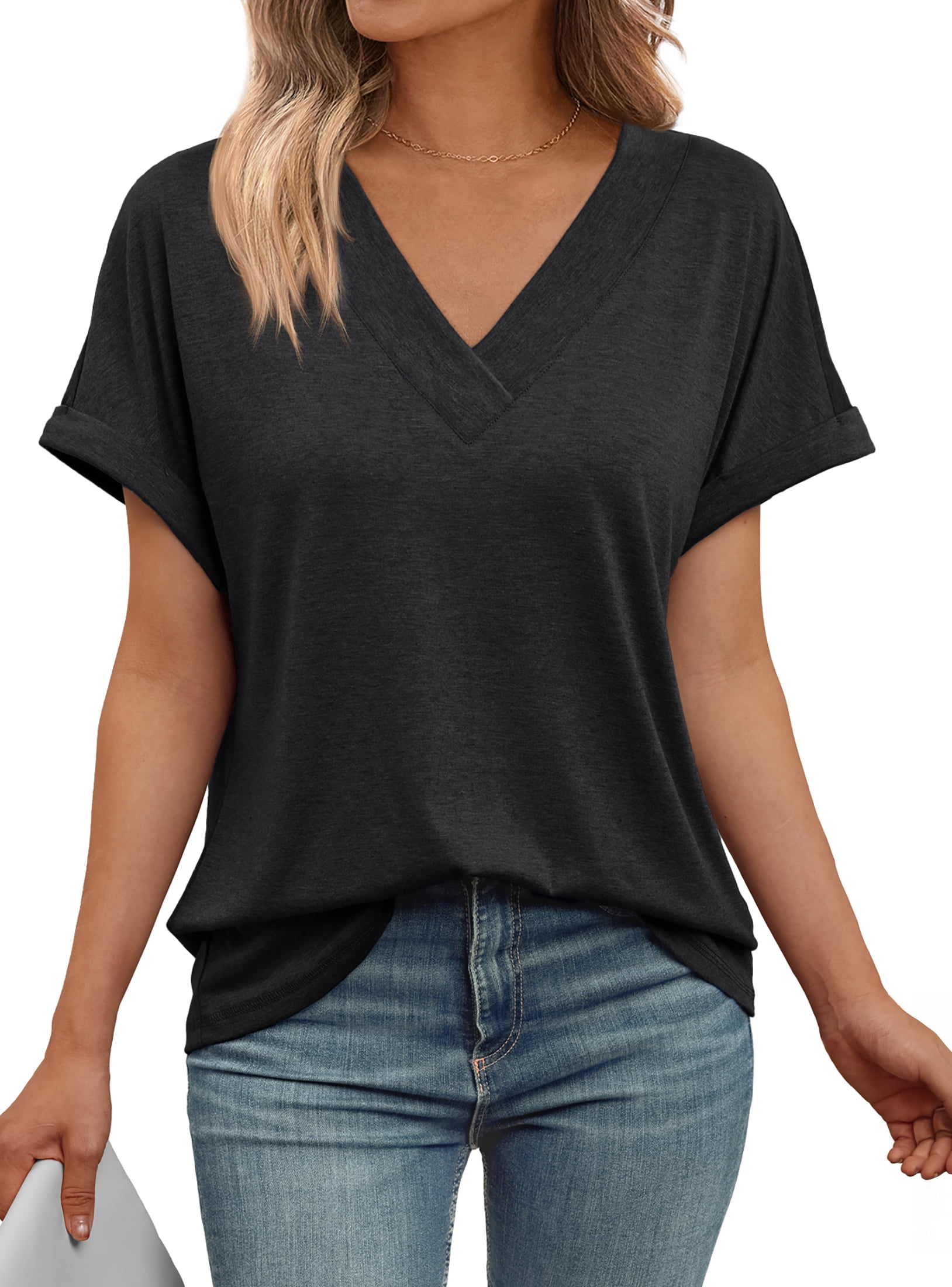 SUNBS Blouse for Women V Neck T Shirt Summer Casual Short Sleeve Top ...
